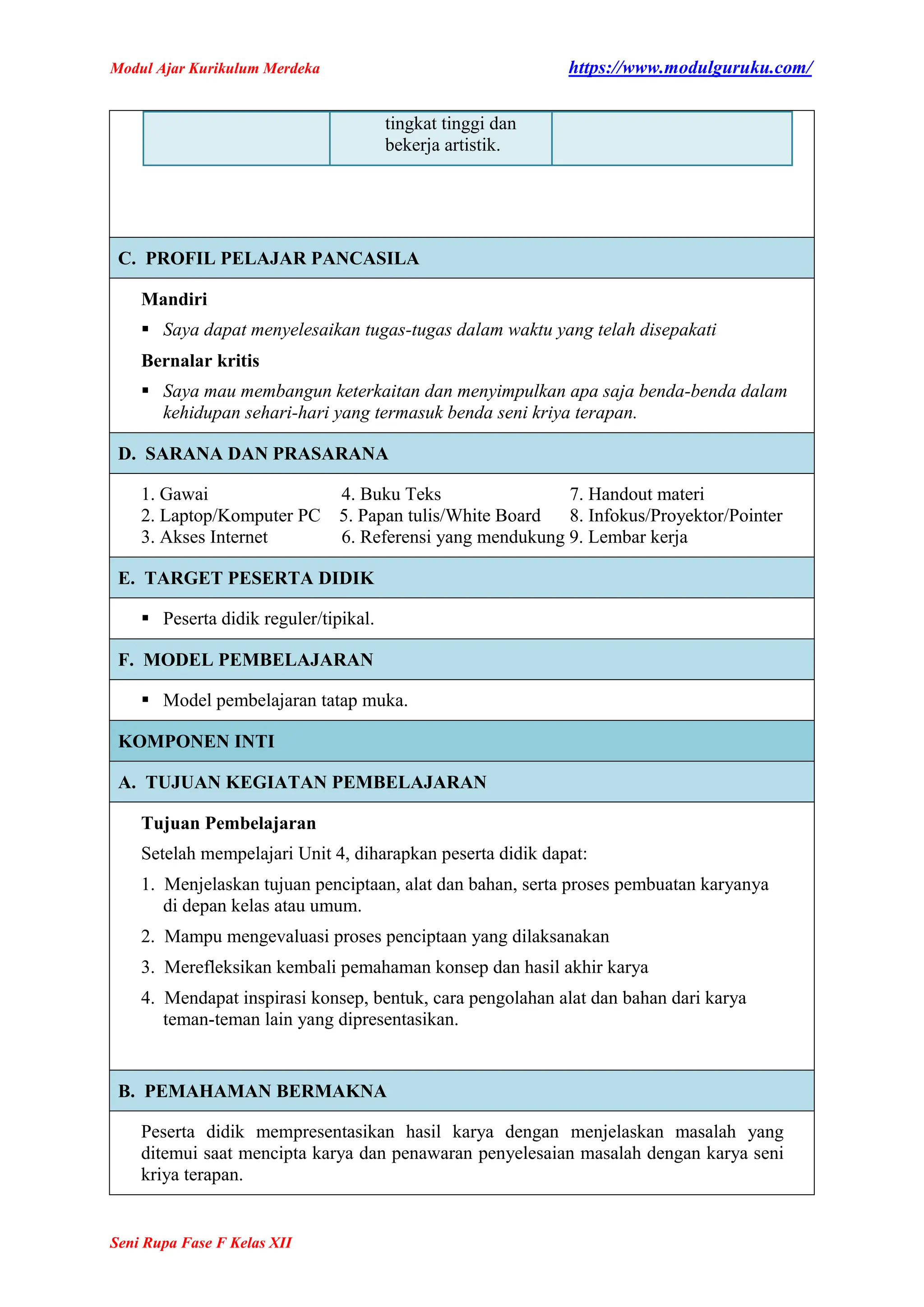 Modul Ajar Seni Rupa Kelas 12 Fase F Kurikulum Merdeka | PDF