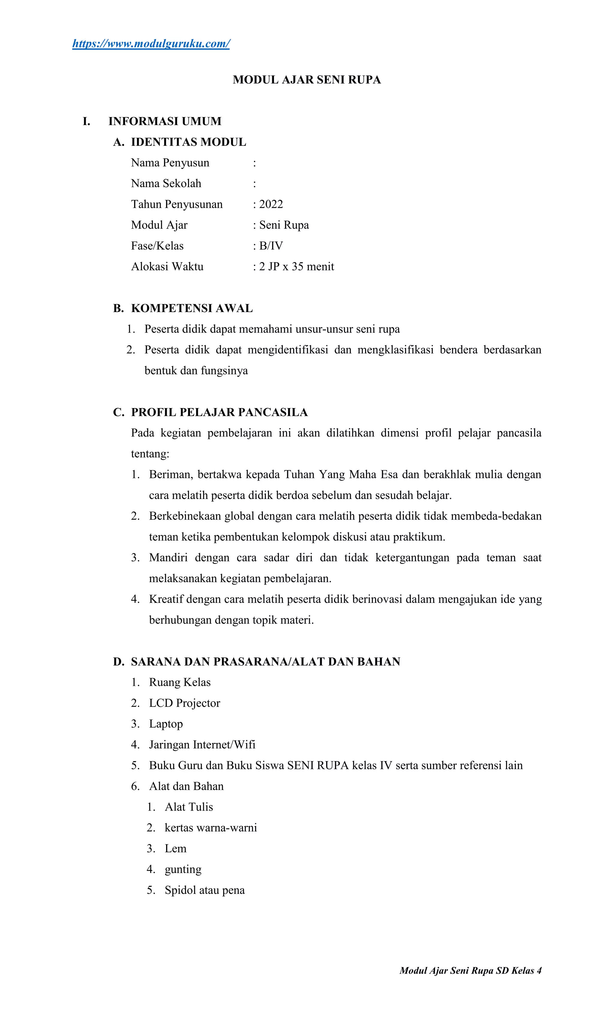 MODUL AJAR SENI RUPA KELAS 4 FASE B KURIKULUM MERDEKA | DOCX