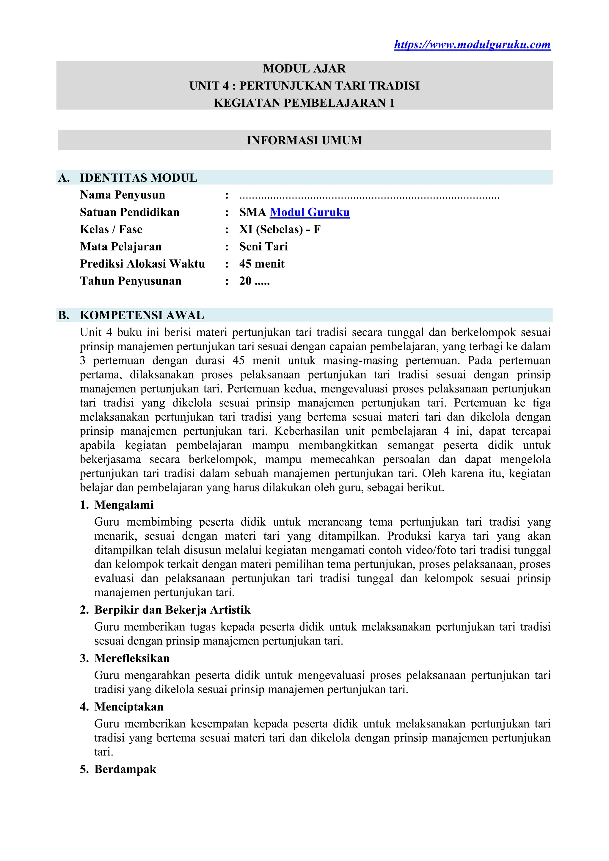 Modul Ajar Seni Tari Kelas 11 Fase F Kurikulum Merdeka | PDF