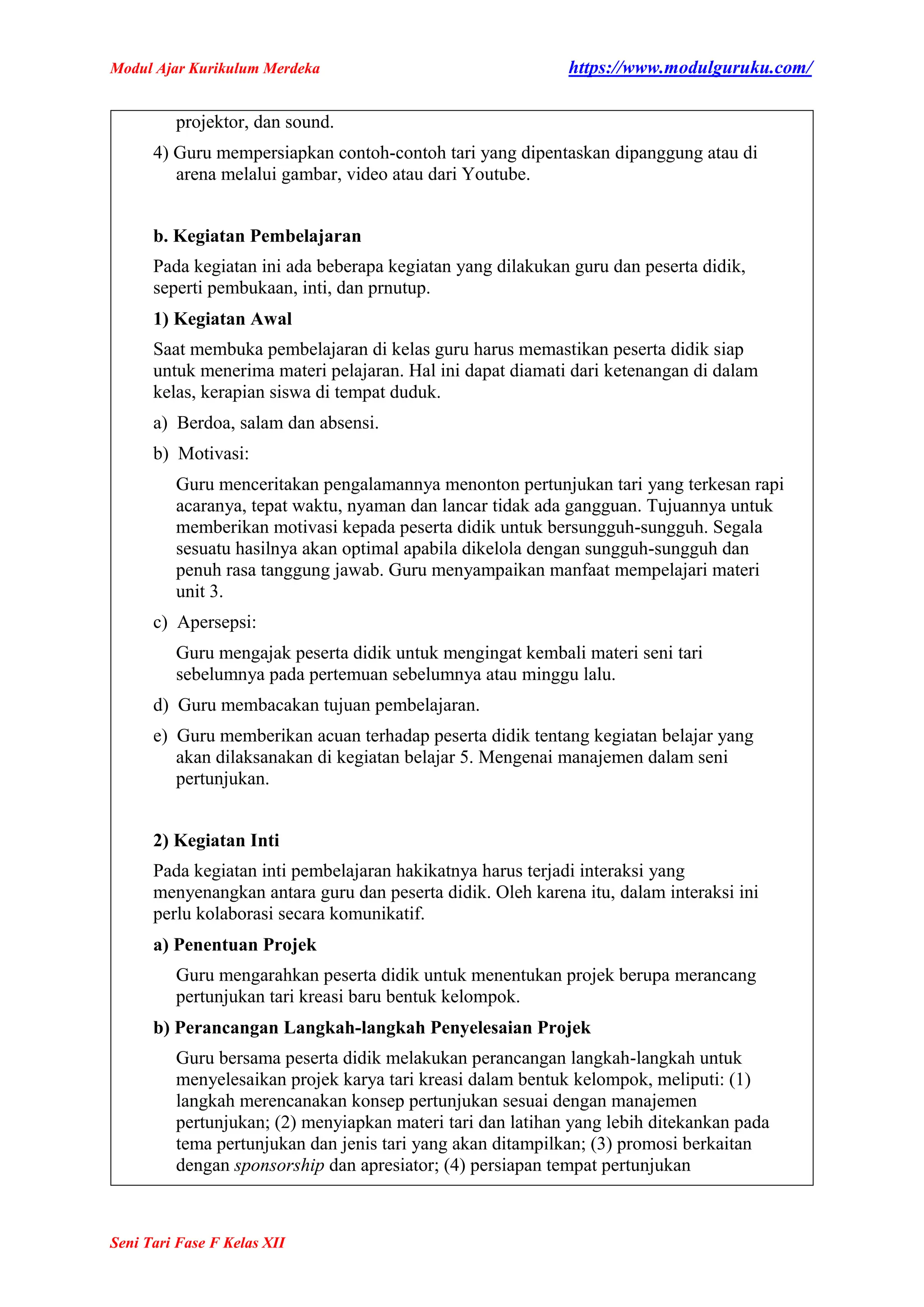 Modul Ajar Seni Tari Kelas 12 Fase F Kurikulum Merdeka | PDF