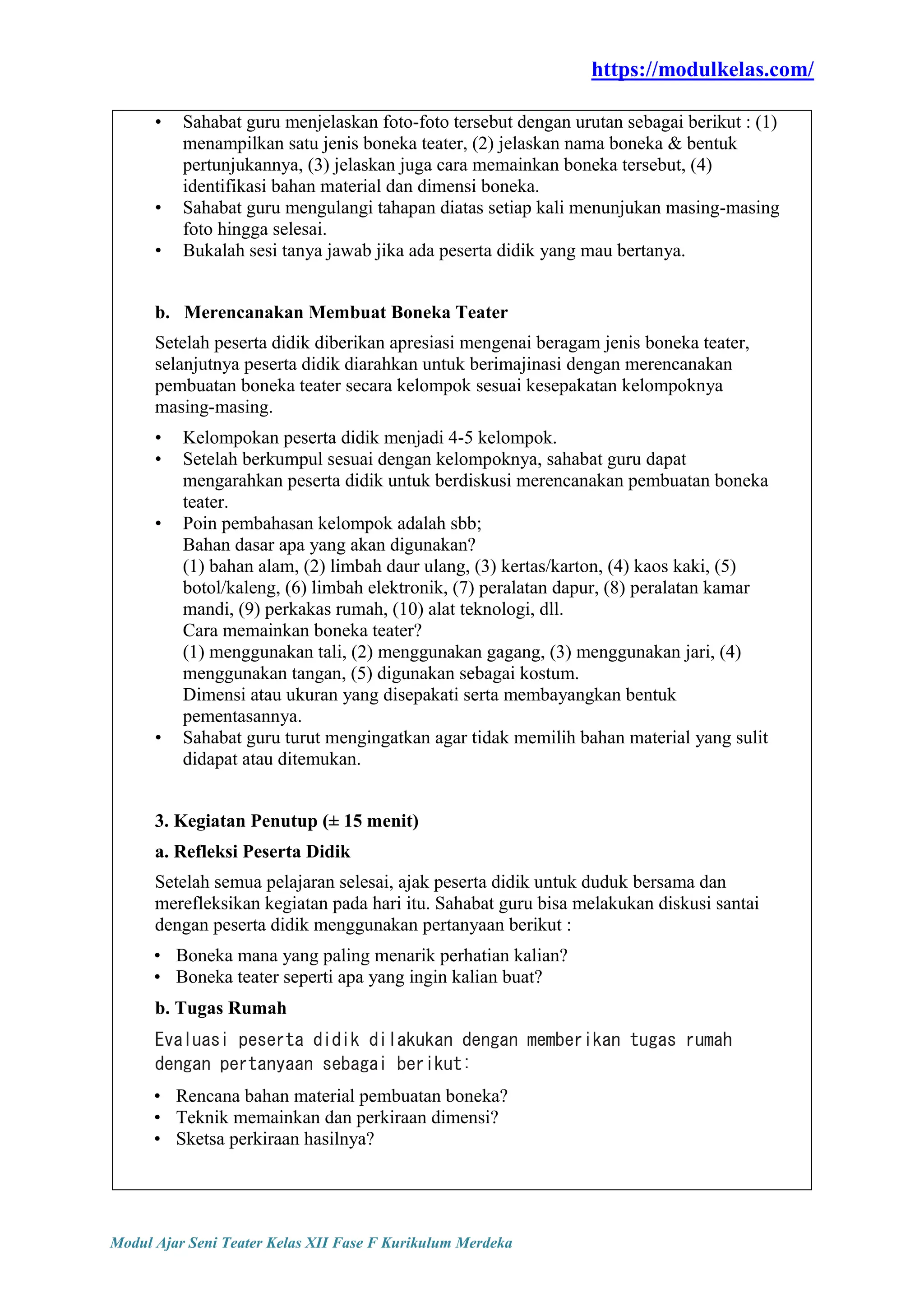 Modul Ajar Seni Teater Kelas 12 SMA/MA Fase F Kurikulum Merdeka | PDF