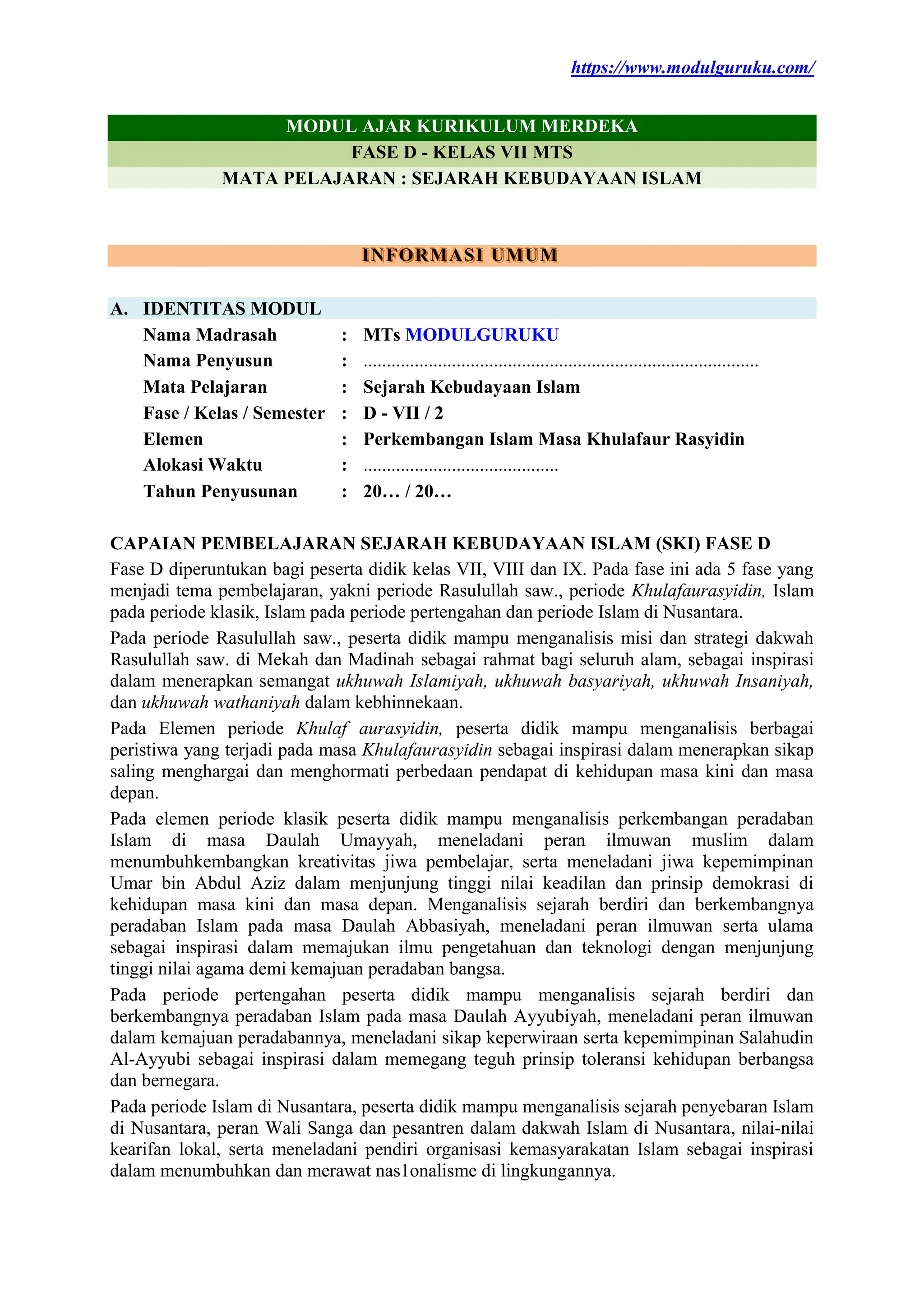 Modul Ajar SKI Kelas 7 Fase D Kurikulum Merdeka | PDF