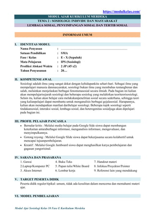 Modul Ajar Sosiologi Kelas 10 SMA/MA Fase E Kurikulum Merdeka | PDF