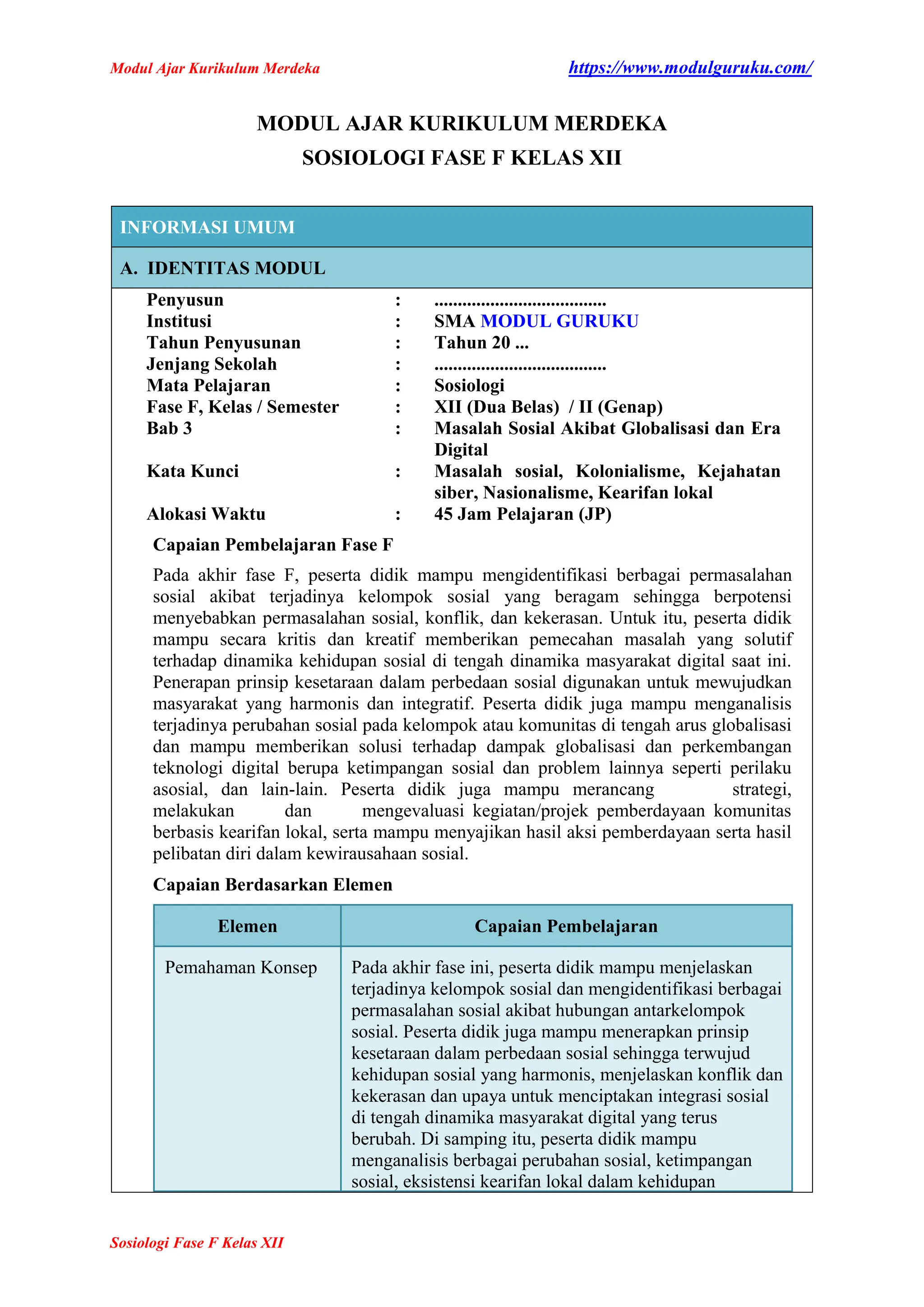 Modul Ajar Sosiologi Kelas 12 Fase F Kurikulum Merdeka | PDF