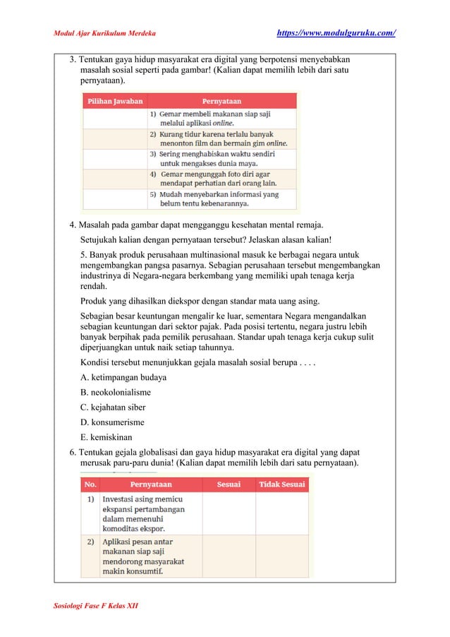 Modul Ajar Sosiologi Kelas 12 Fase F Kurikulum Merdeka | PDF