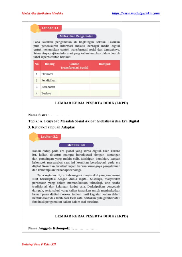 Modul Ajar Sosiologi Kelas 12 Fase F Kurikulum Merdeka | PDF