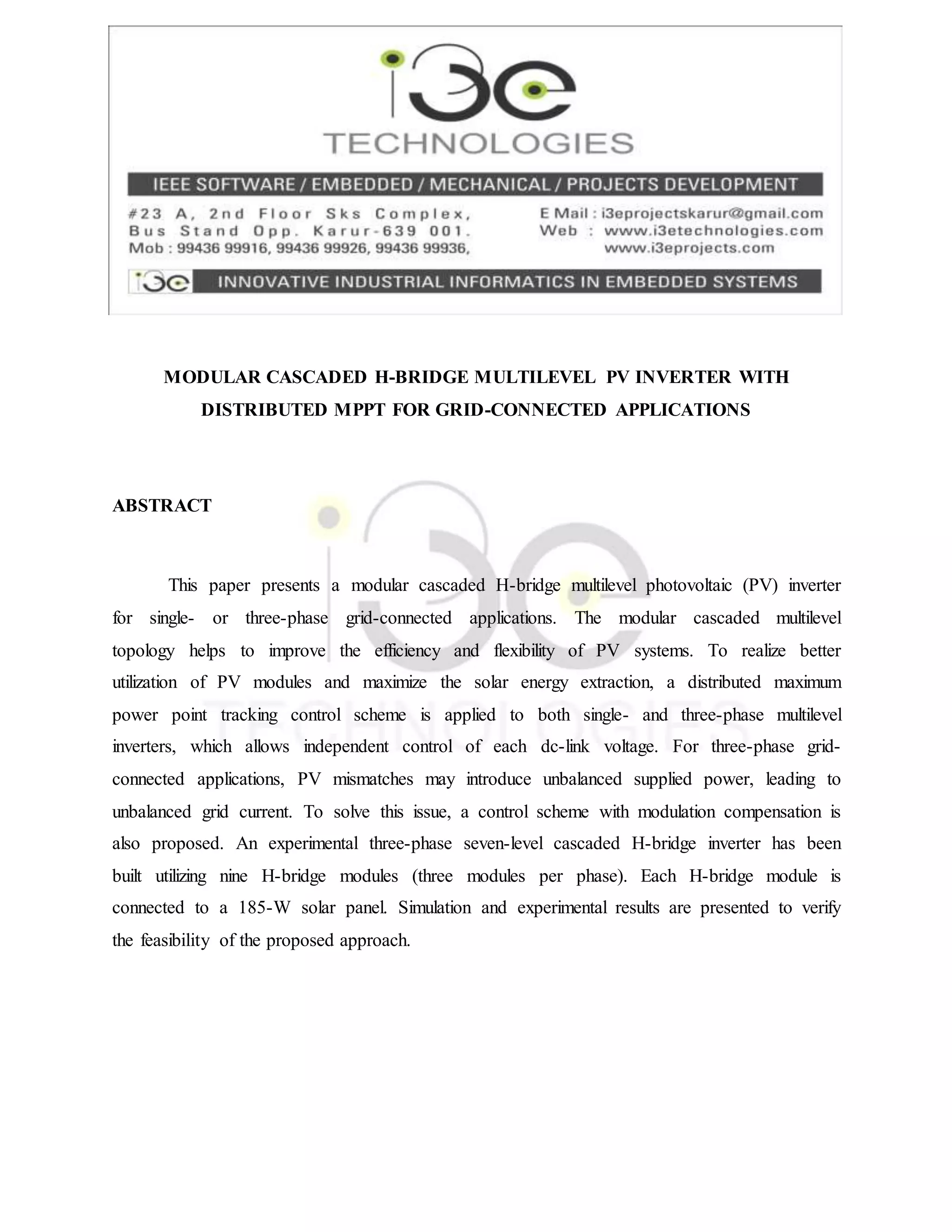 Modular cascaded h bridge multilevel pv inverter with distributed mppt for grid-connected ...