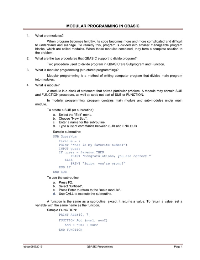 Modular programming in qbasic | PDF | Programming Languages | Computing