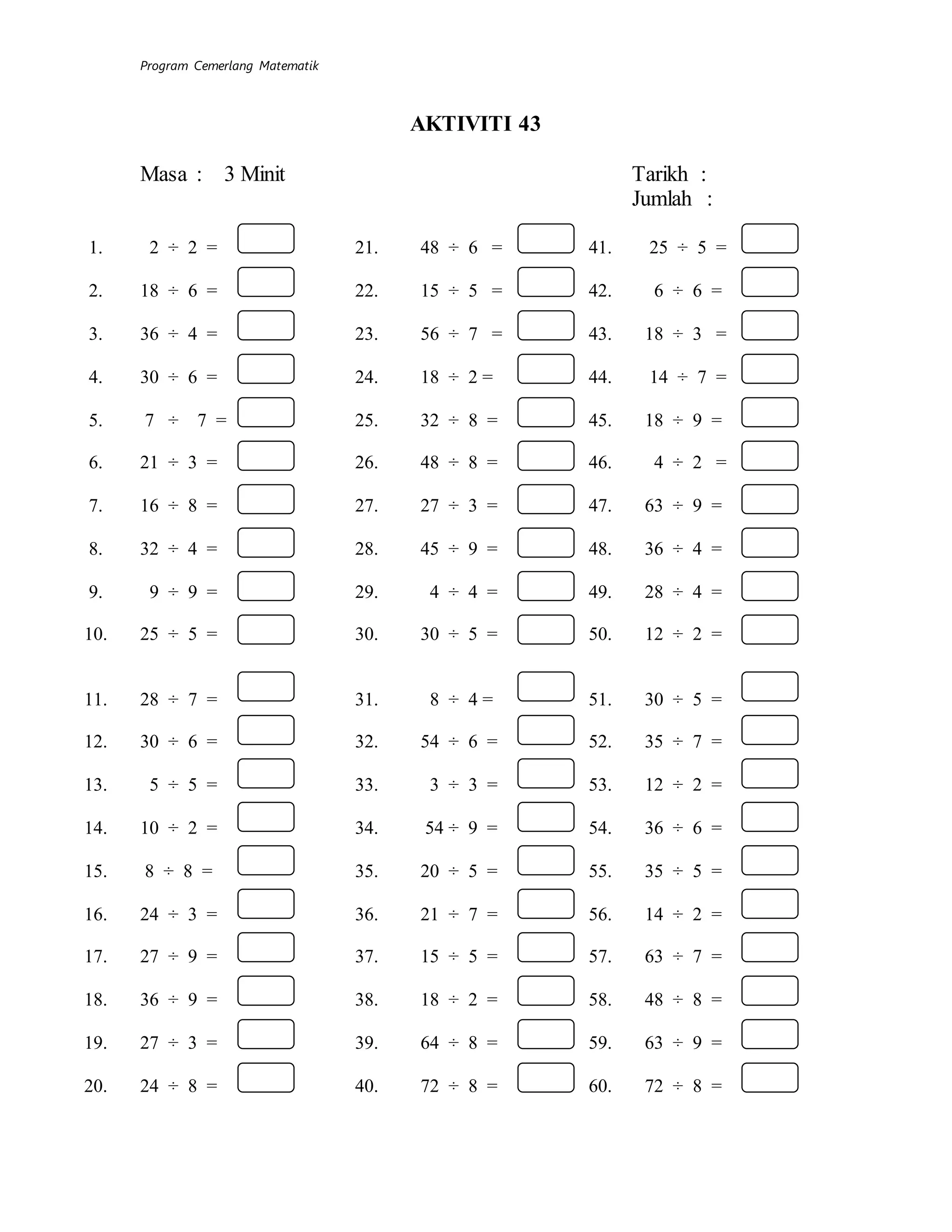 Latihan tambah, tolak, darab dan bahagi | DOC