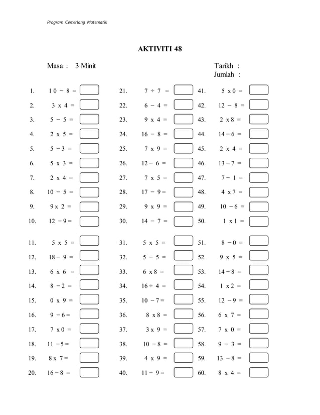 Latihan tambah, tolak, darab dan bahagi | DOC