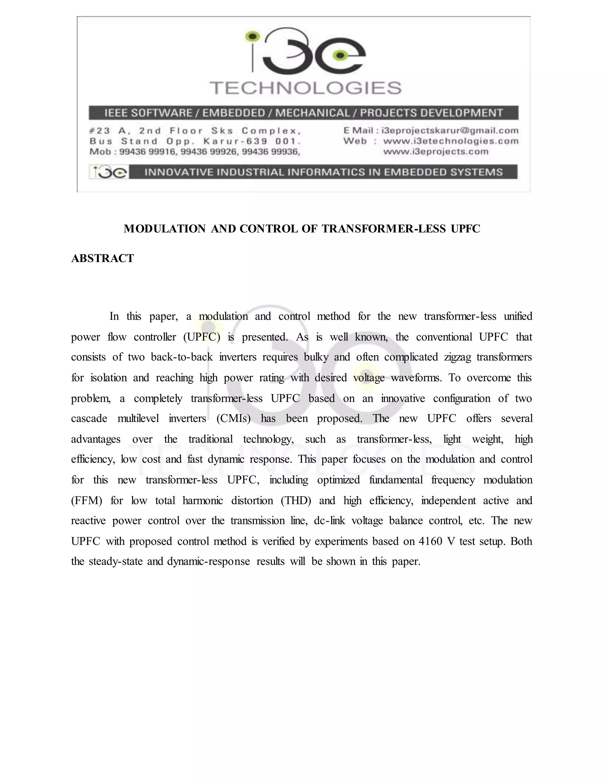 Modulation and control of transformer less upfc | DOCX