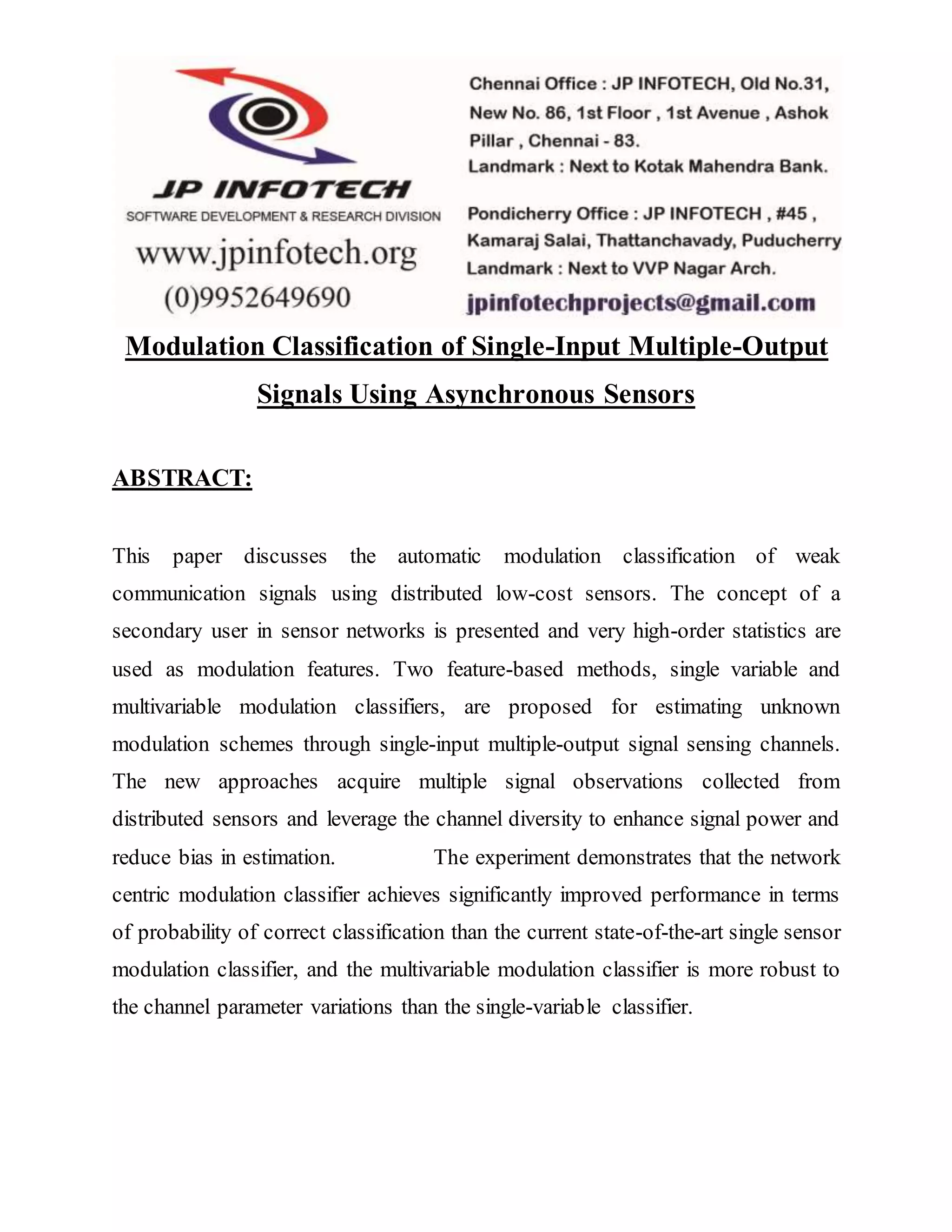 Modulation Classification Of Single Input Multiple Output Signals Using Asynchronous Sensors Pdf