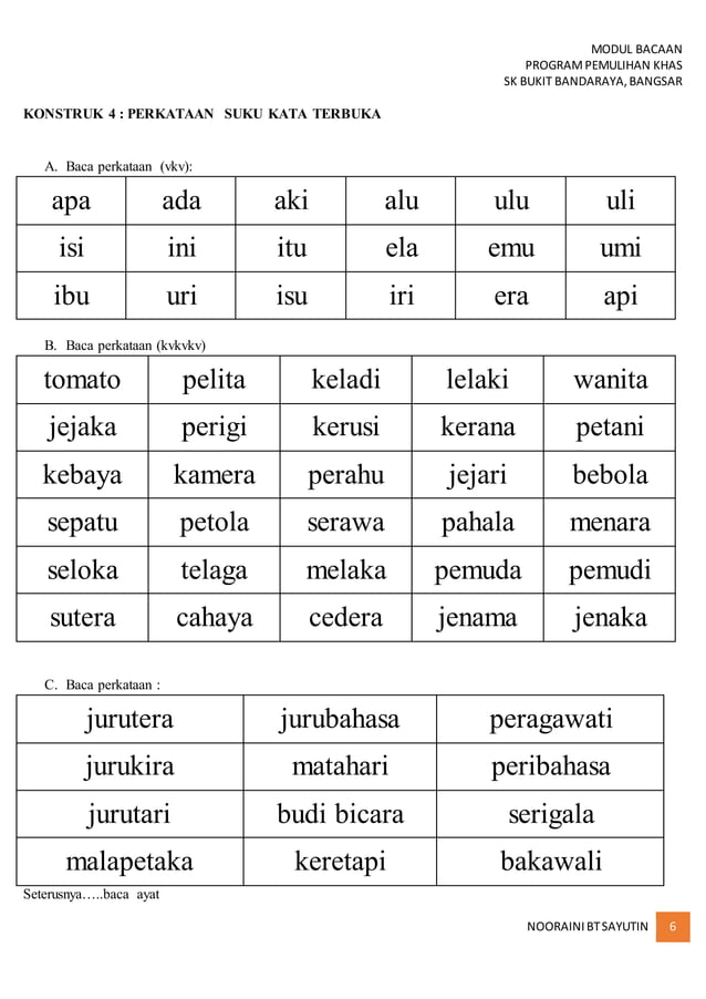 Modul bacaan suku kata terbuka 2014 | DOCX