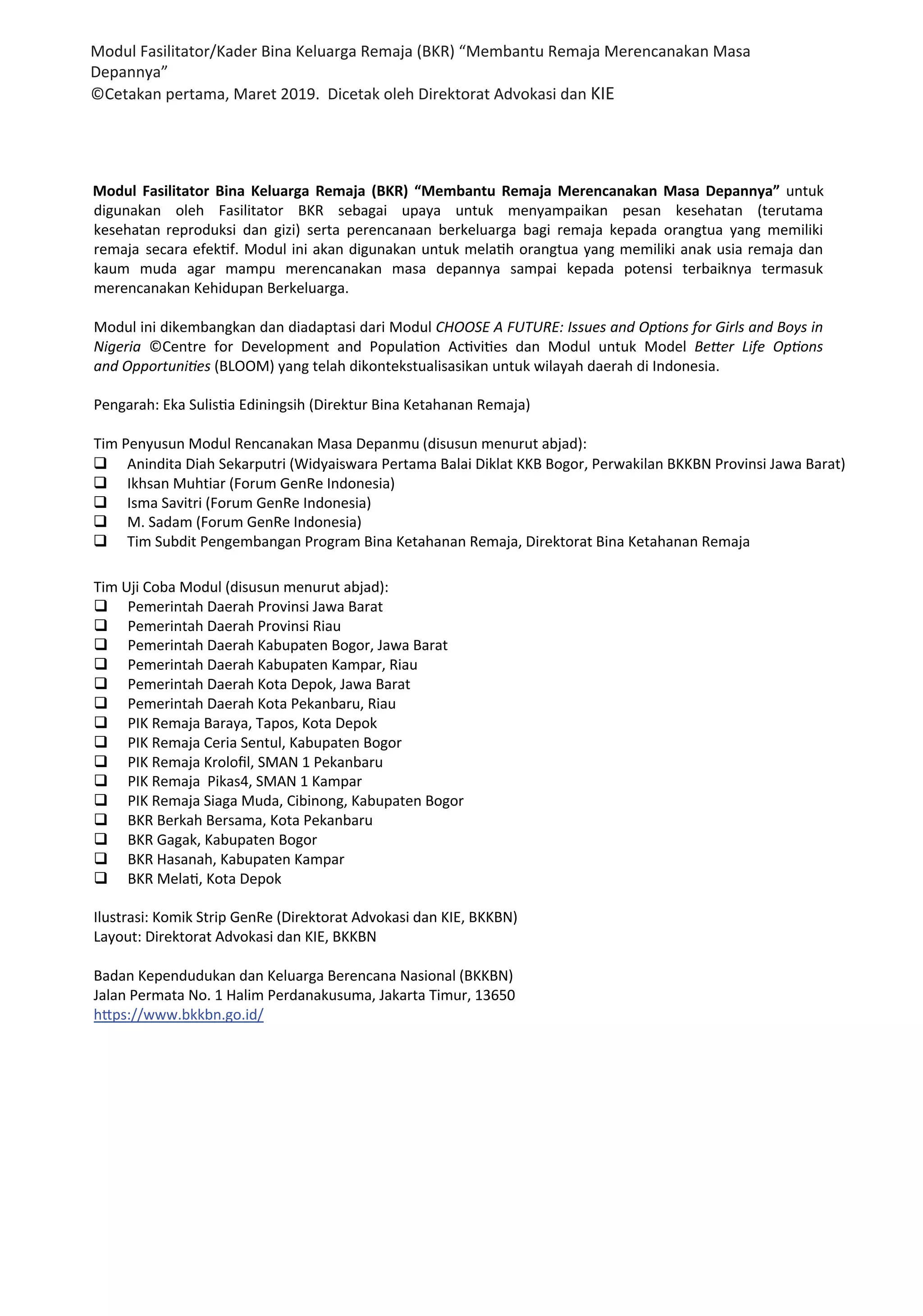 Modul Bina Keluarga Remaja (BKR) BKKBN Program Prioritas Nasional (Pro PN) 2019 | PDF