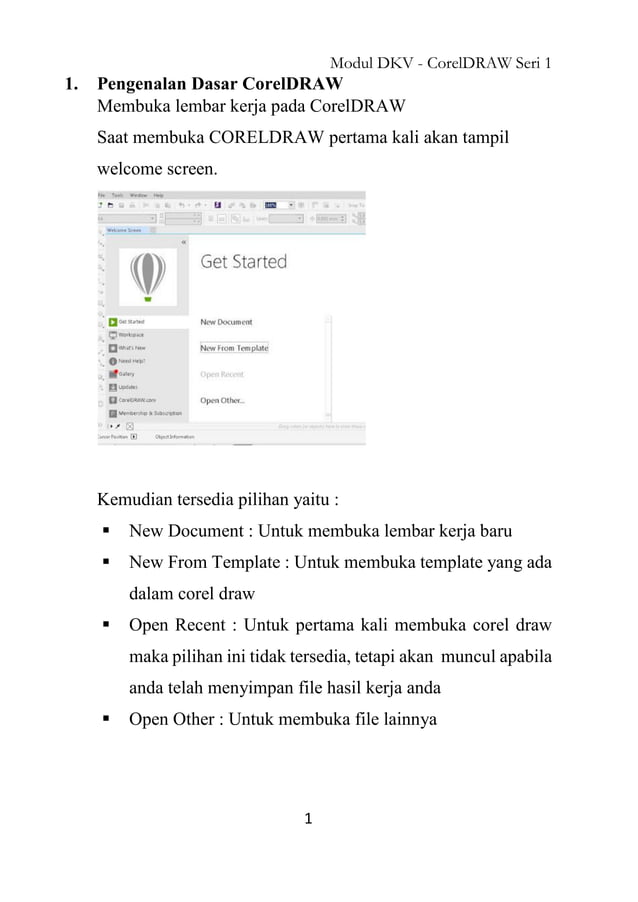 Modul CorelDRAW membahas mengenai tool box dan menu bar yang ada pas corel Draw | PDF