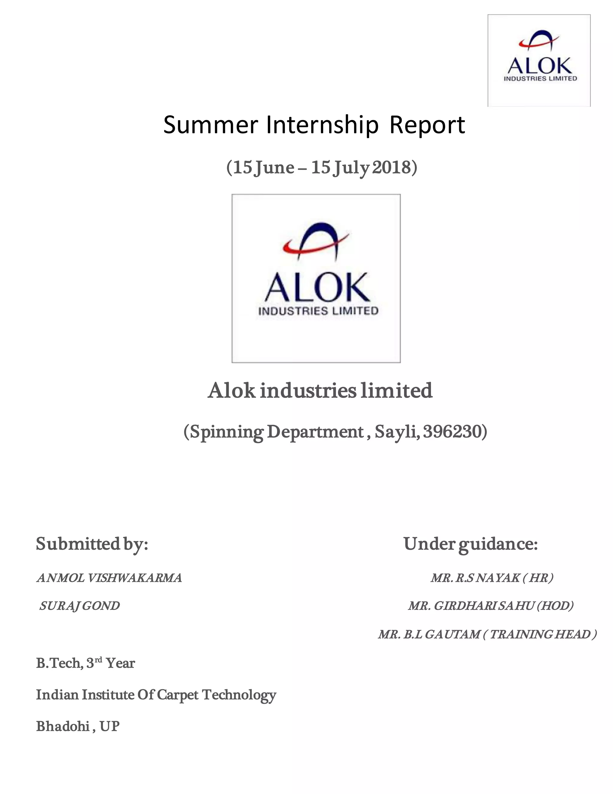 SUMMER INTERNSHIP ON SPINNING TECHNOLOGY | DOCX