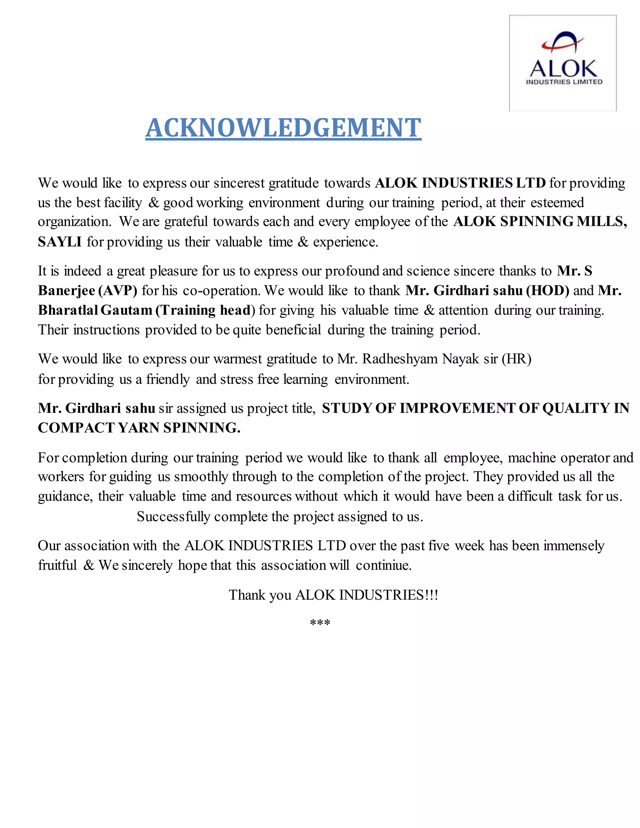 SUMMER INTERNSHIP ON SPINNING TECHNOLOGY | DOCX