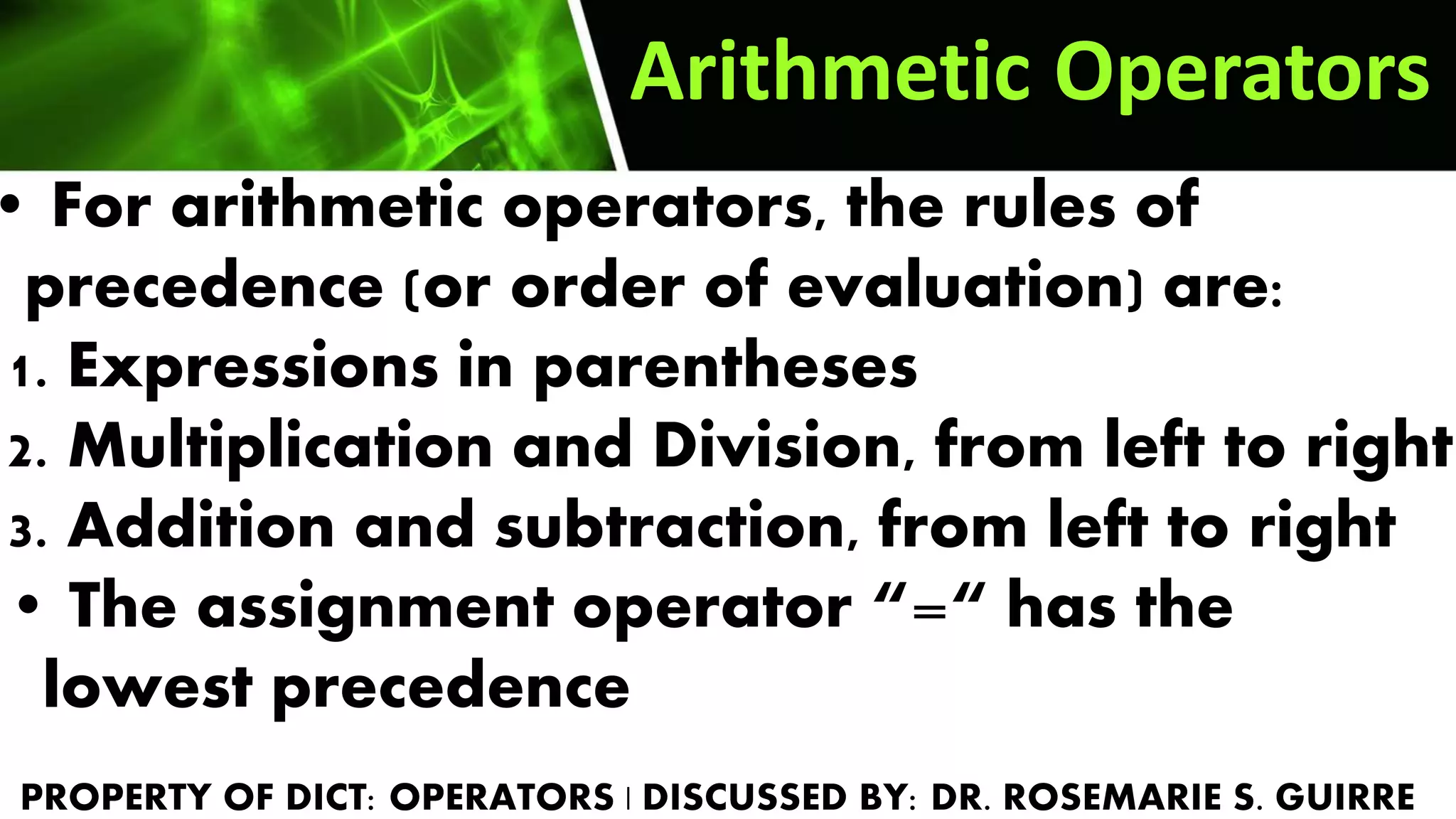 Chapter 7: Arithmetic and Relational Operators | PPTX