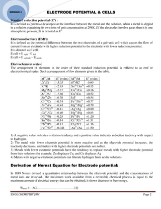 Module 1 electrode potential & cells - battery technology | PDF
