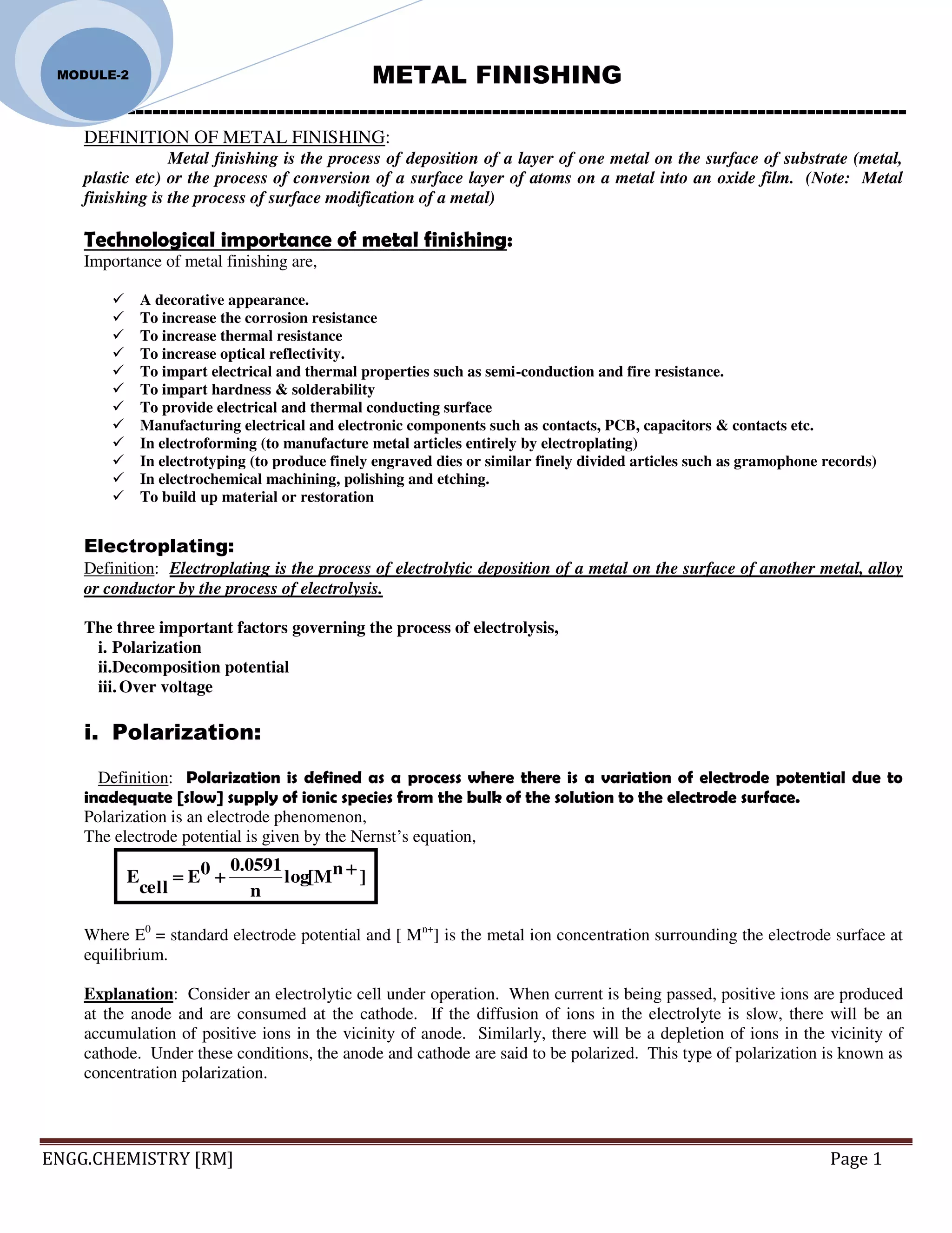ENGINEERING CHEMISTRY: Module 2-corrosion & its control - metal finishing | PDF