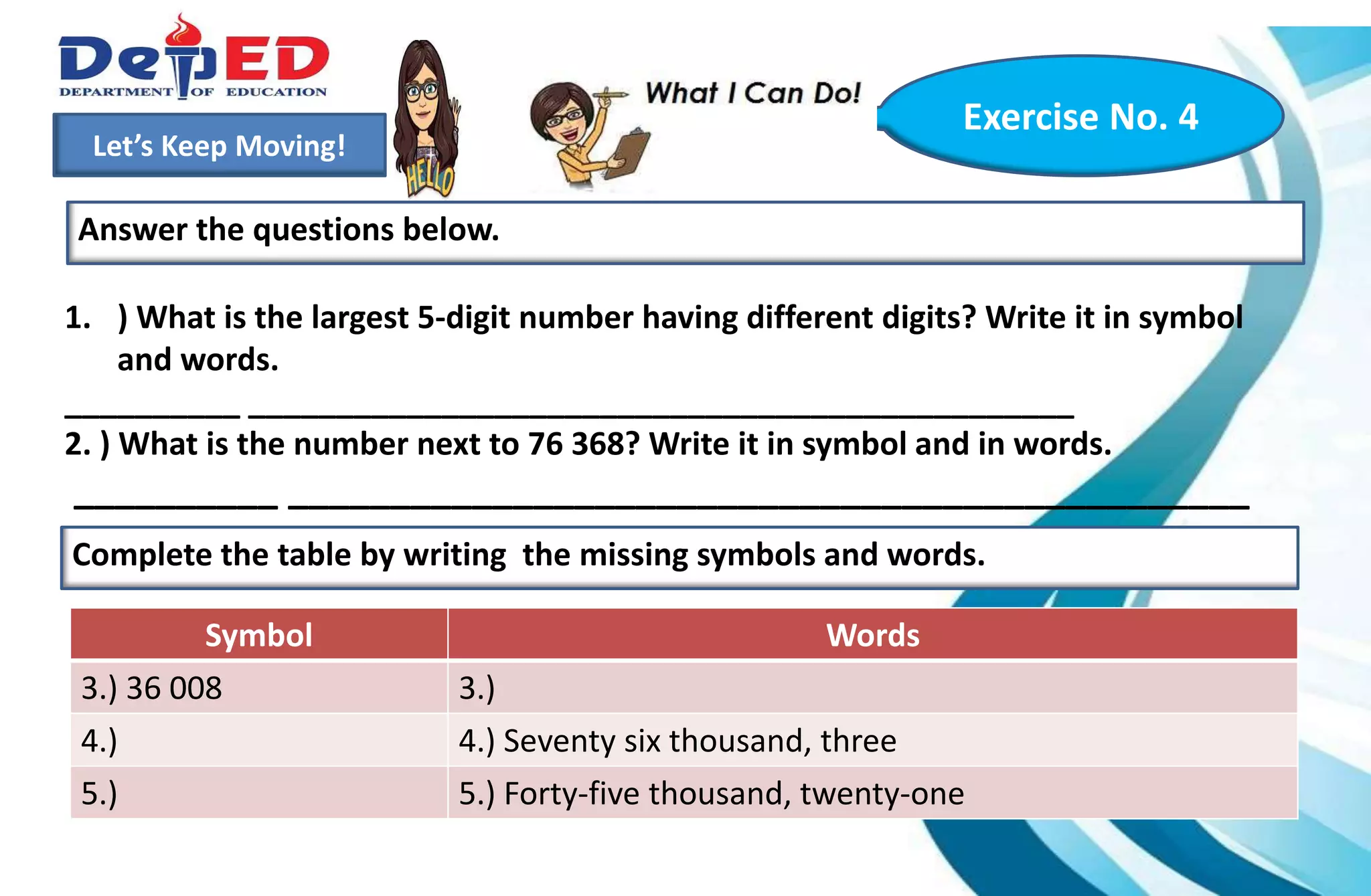 Reads and writes numbers in symbols and in words up to hundred thousand ...