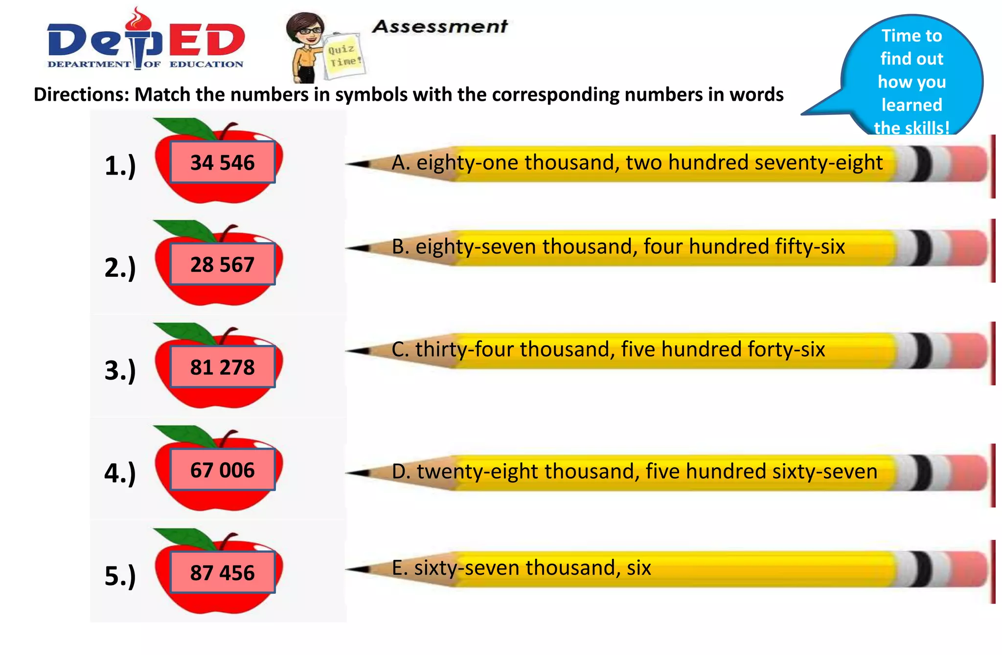 Reads and writes numbers in symbols and in words up to hundred thousand ...