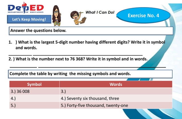 Reads and writes numbers in symbols and in words up to hundred thousand ...