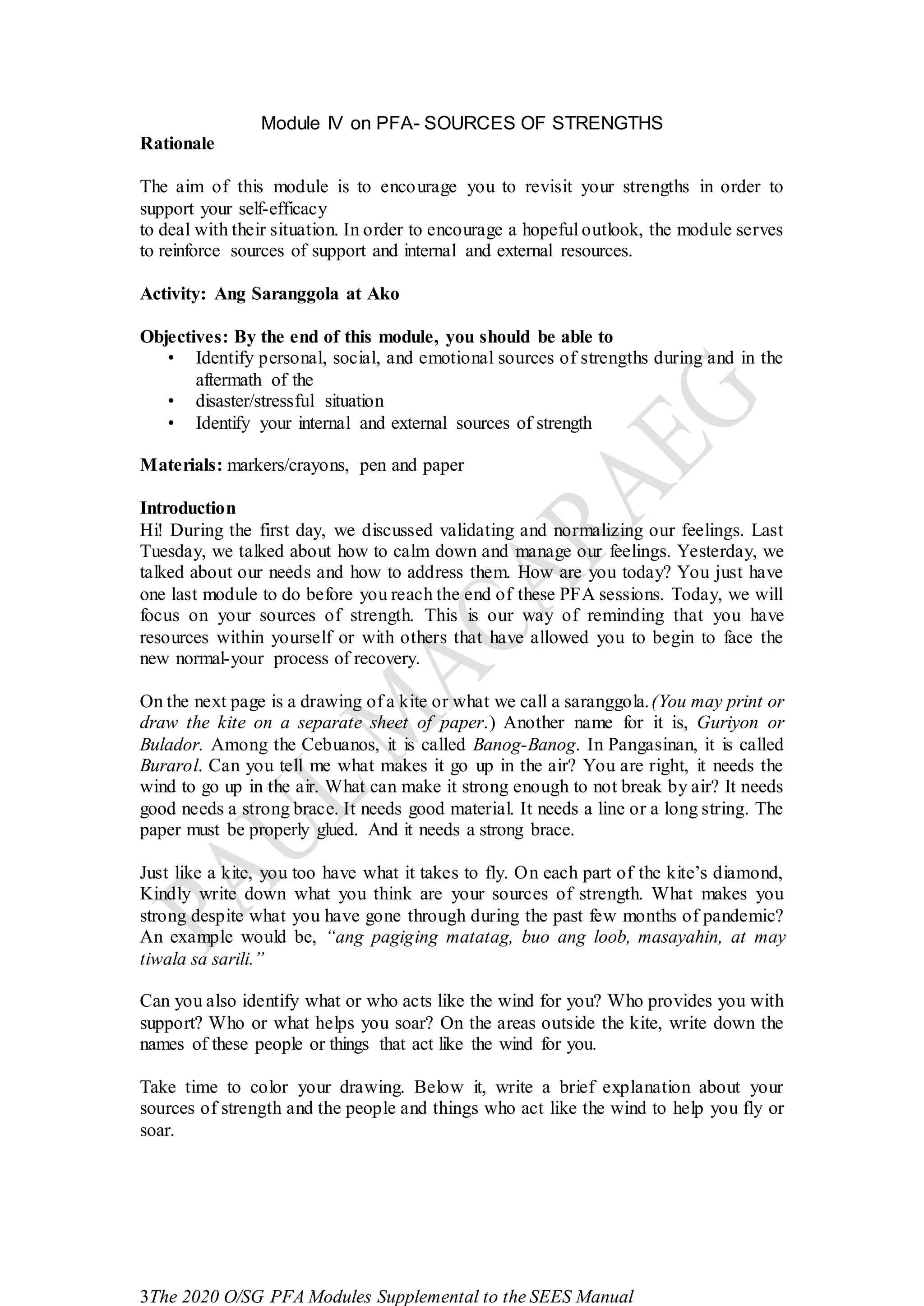 Module IV on PFA (Psychological First Aid) | Sources of Strengths | DOC