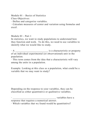 Module 01 – Basics of StatisticsClass Objectives· Define and ca.docx