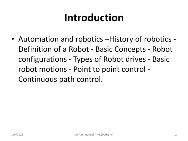 module_01_Introduction to robotics.pptx | Robotics | Technology & Computing