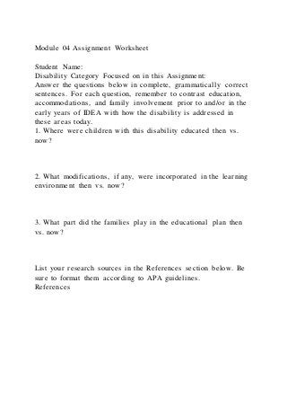 Module 04 Assignment WorksheetStudent NameDisability Category | PDF