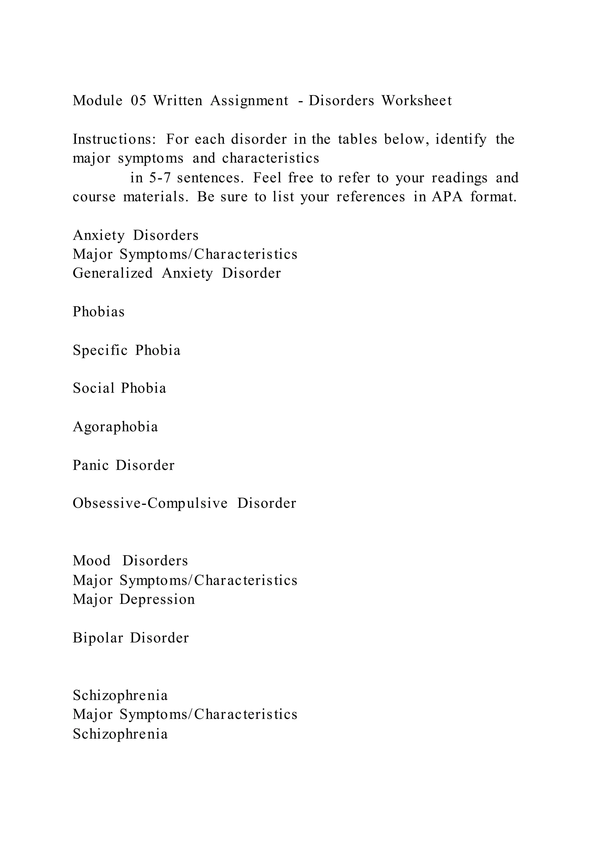 Module 05 Written Assignment Disorders Worksheetinstructions Docx