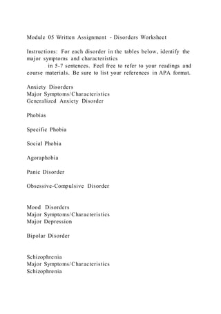Module 05 Written Assignment - Disorders WorksheetInstructions .docx