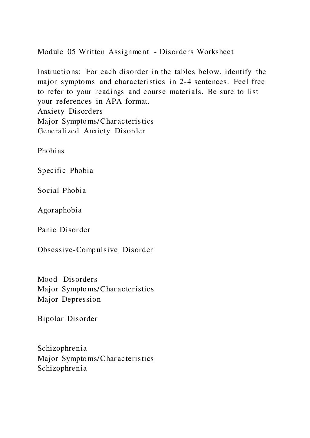Module 05 Written Assignment Disorders Worksheetinstructions Pdf