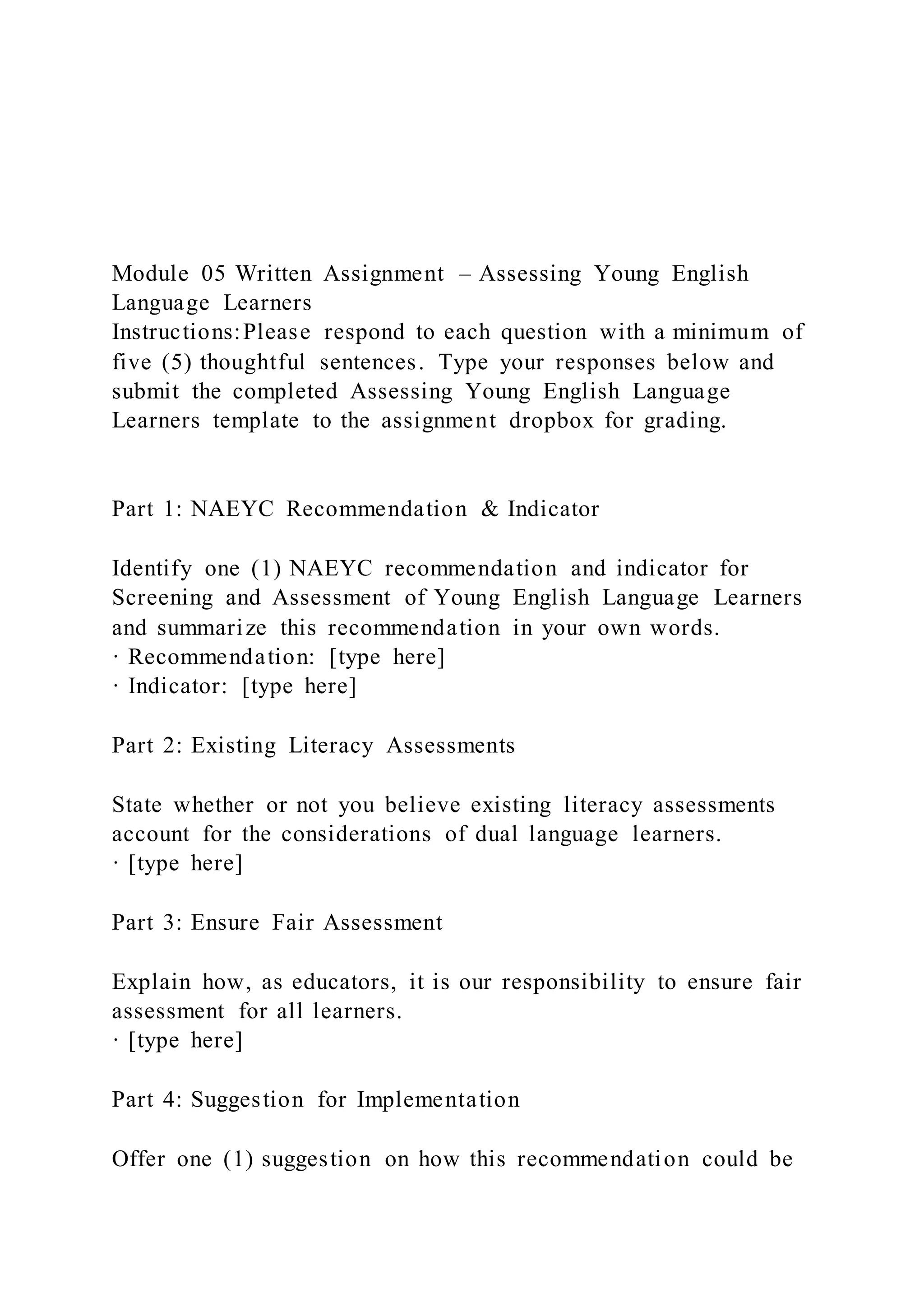 Module 05 Written Assignment – Assessing Young English Langu | DOCX