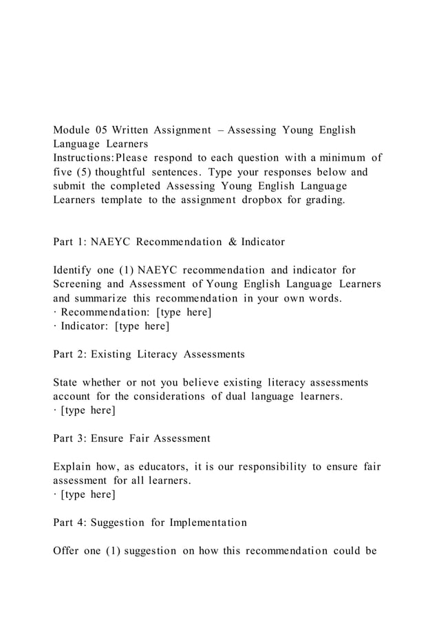 Module 05 Written Assignment – Assessing Young English Langu | DOCX