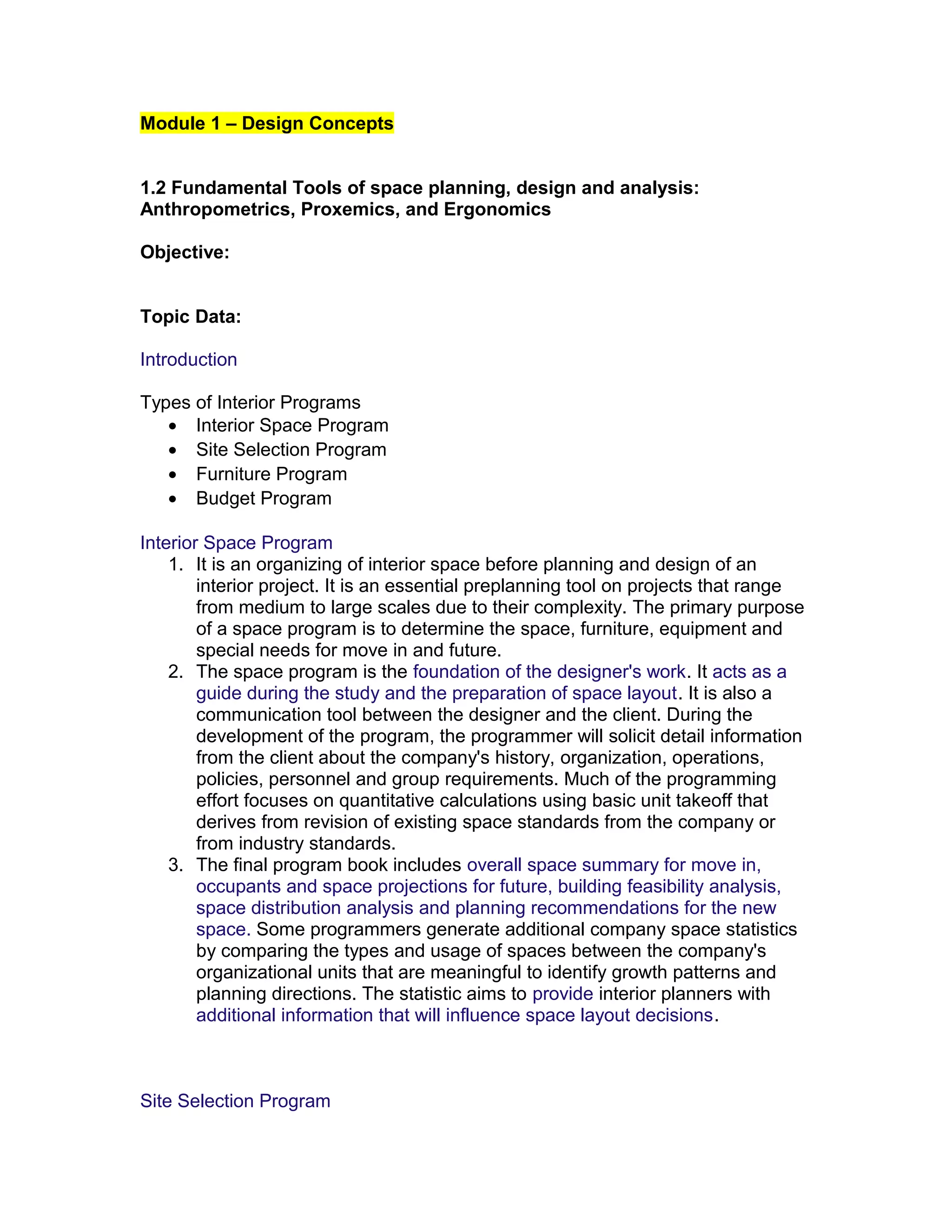 Module 1 1.2 space planning | DOC