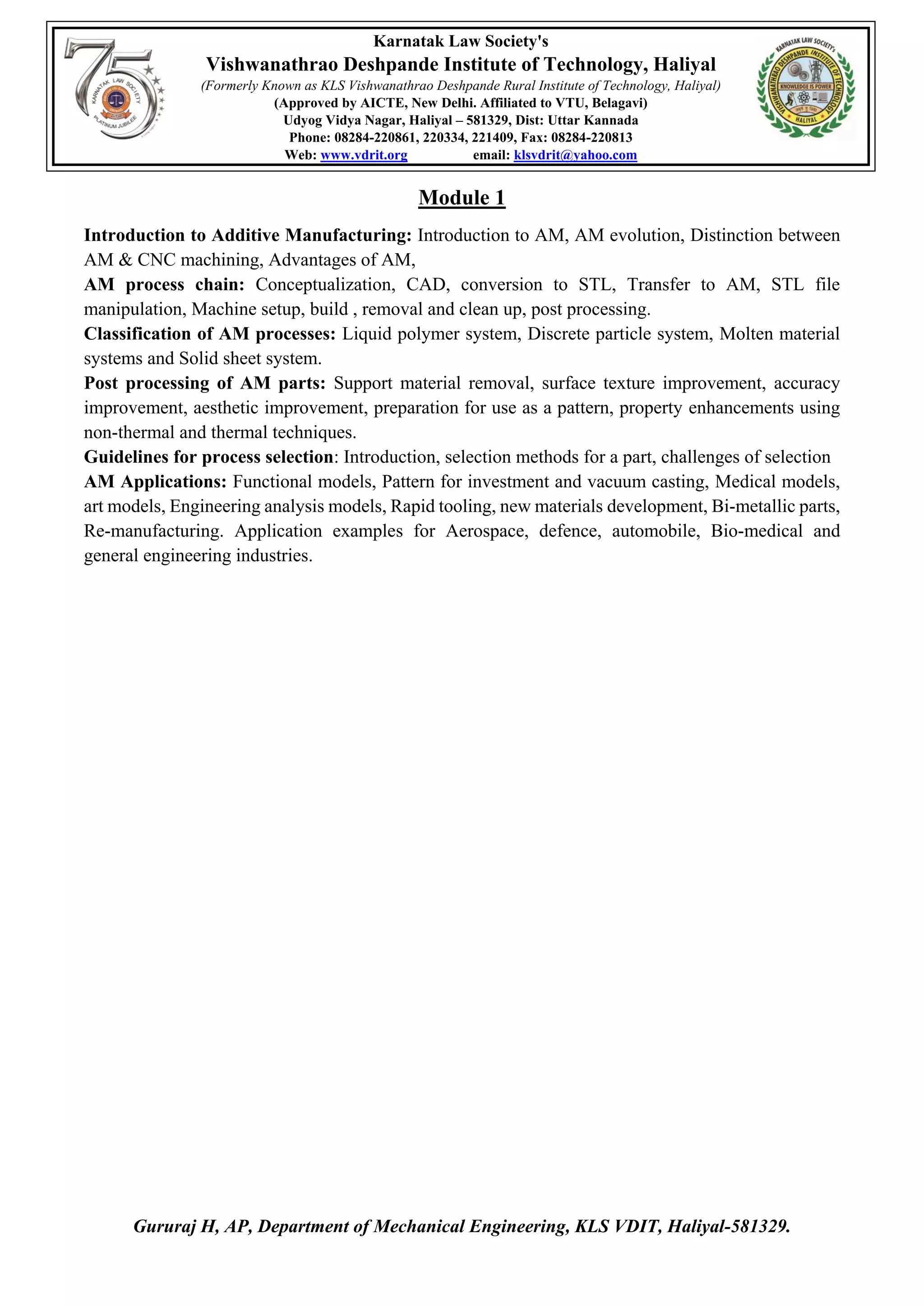 Additive Manufacturing (15ME82)-Module 1 | PDF