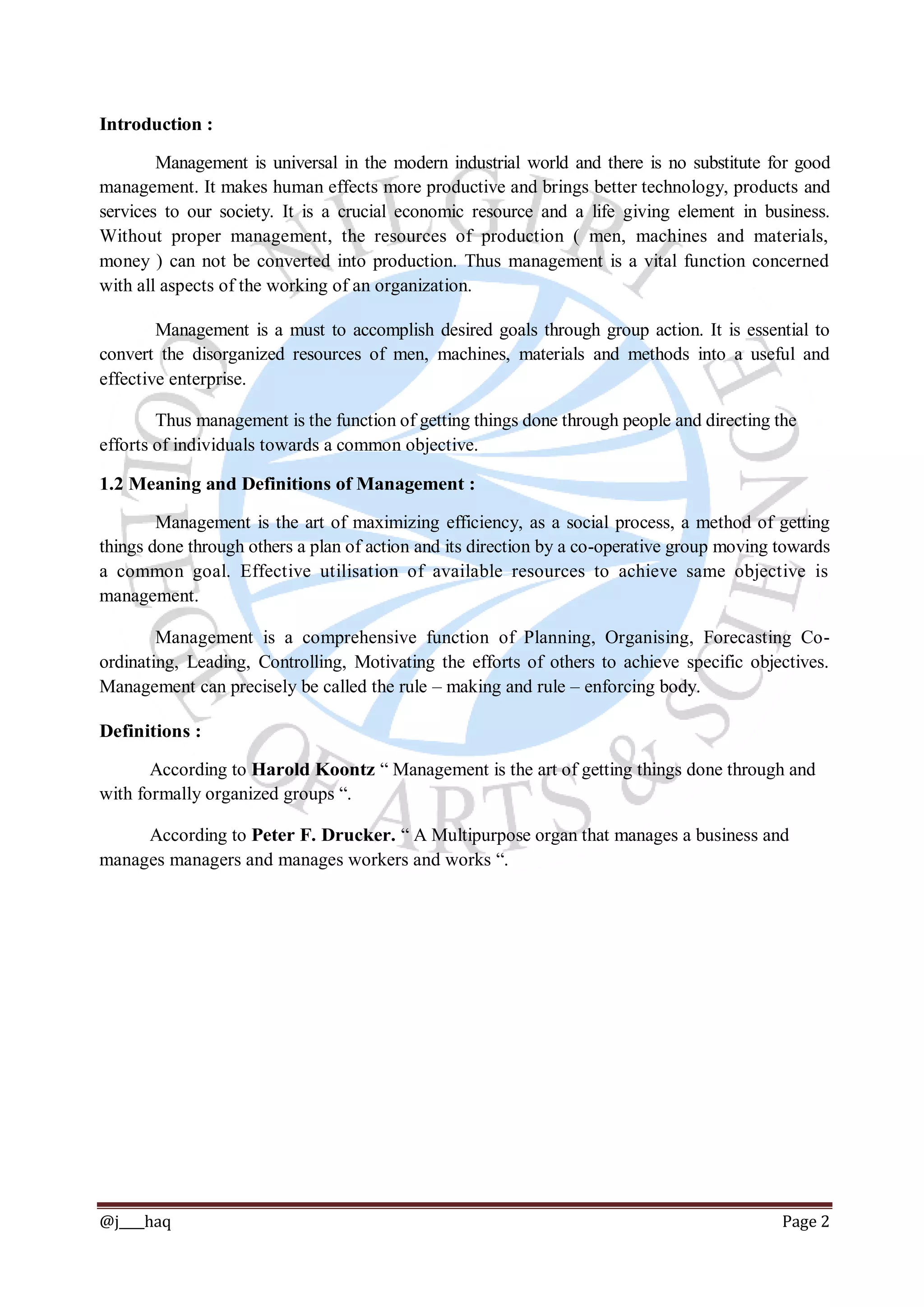 Management - Meaning and Definition – Nature and Scope - Importance –Functions of Management ...