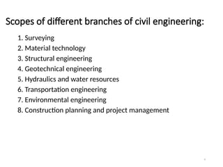 Introduction to Civil Engineering, Branches, Basic materials in ...