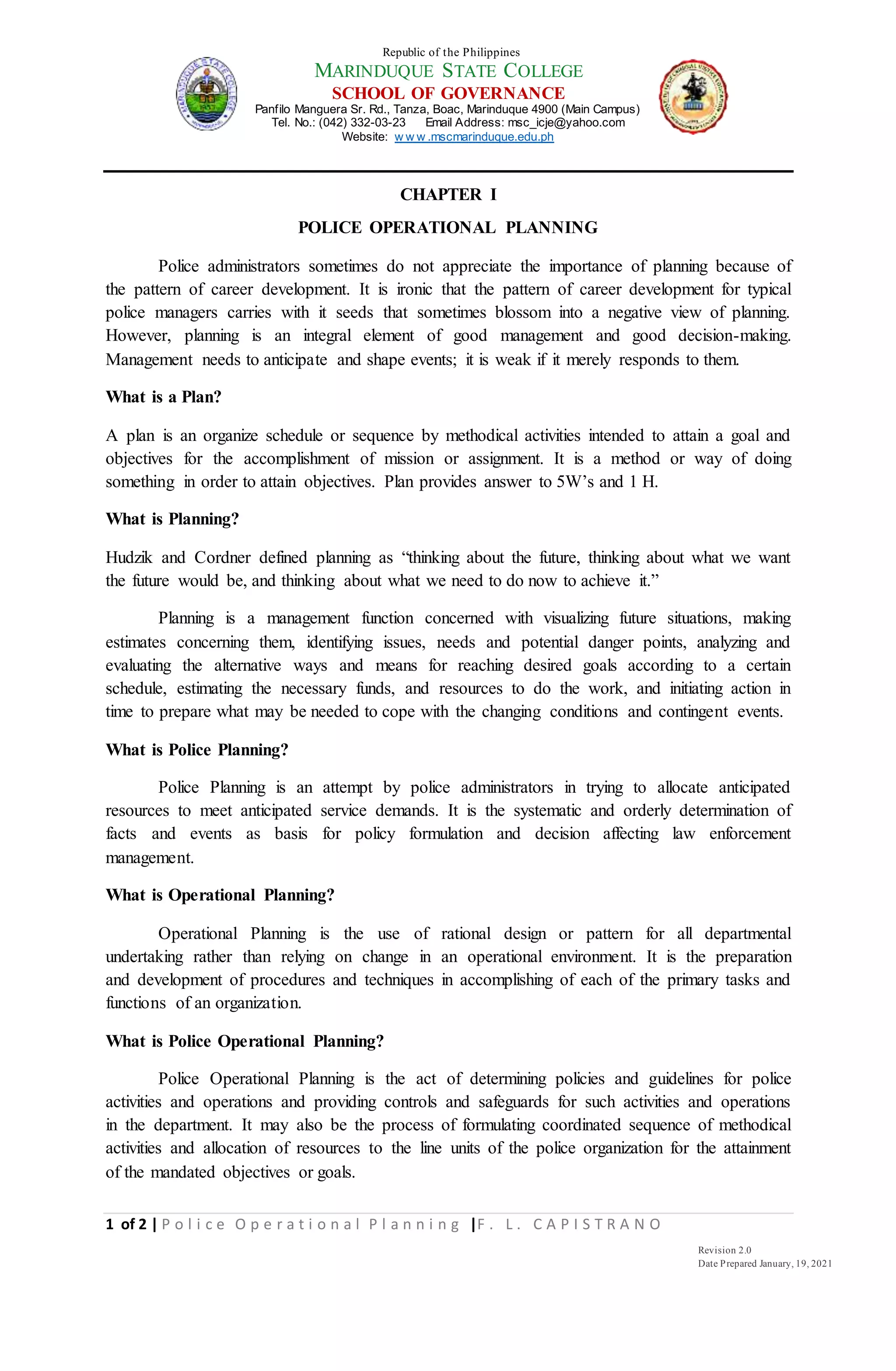 Module 1 police operational planning | PDF