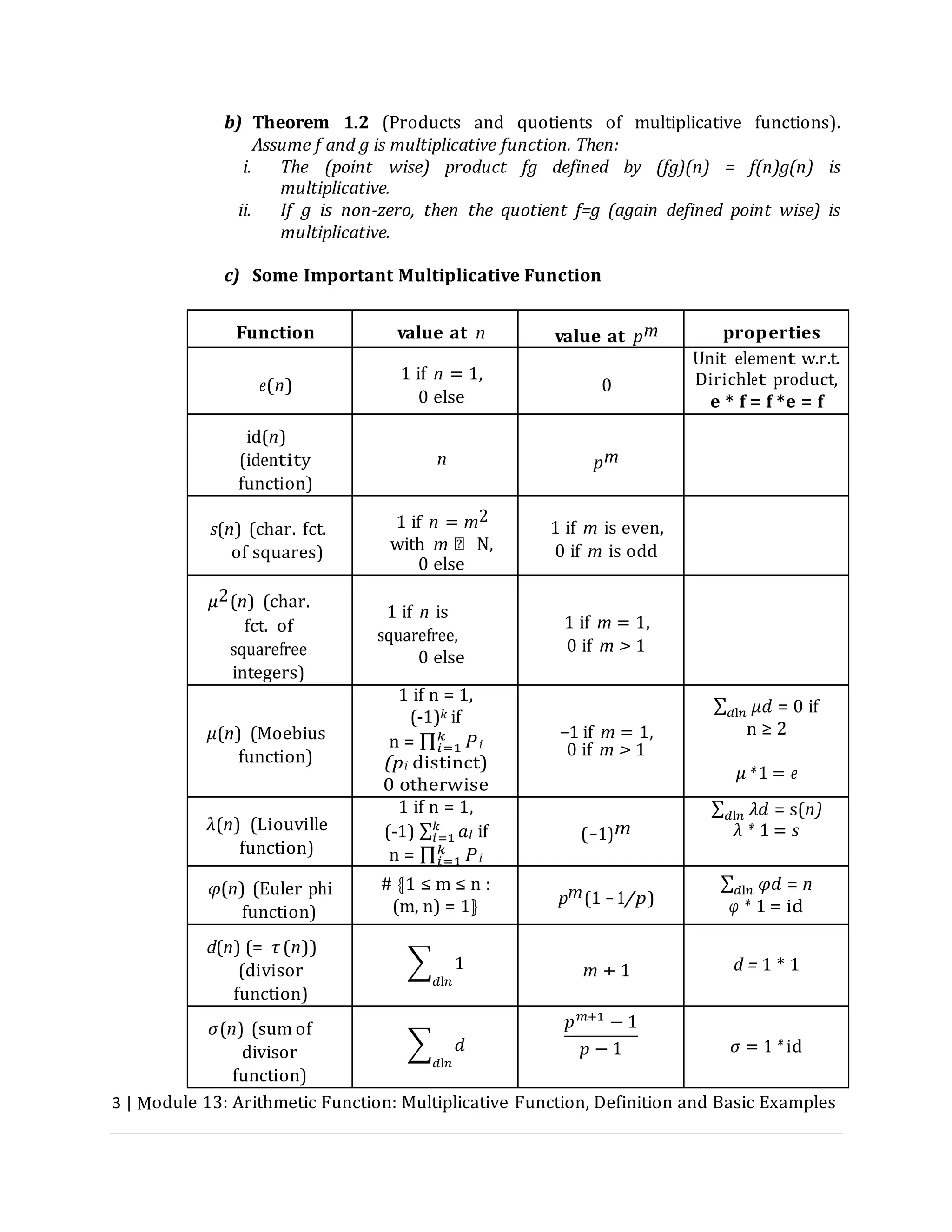 Module 13 Arithmetic Function Multiplicative Function Definition And Basic Examples Pdf