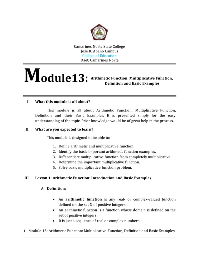 Module 13: Arithmetic Function: Multiplicative Function; Definition and ...