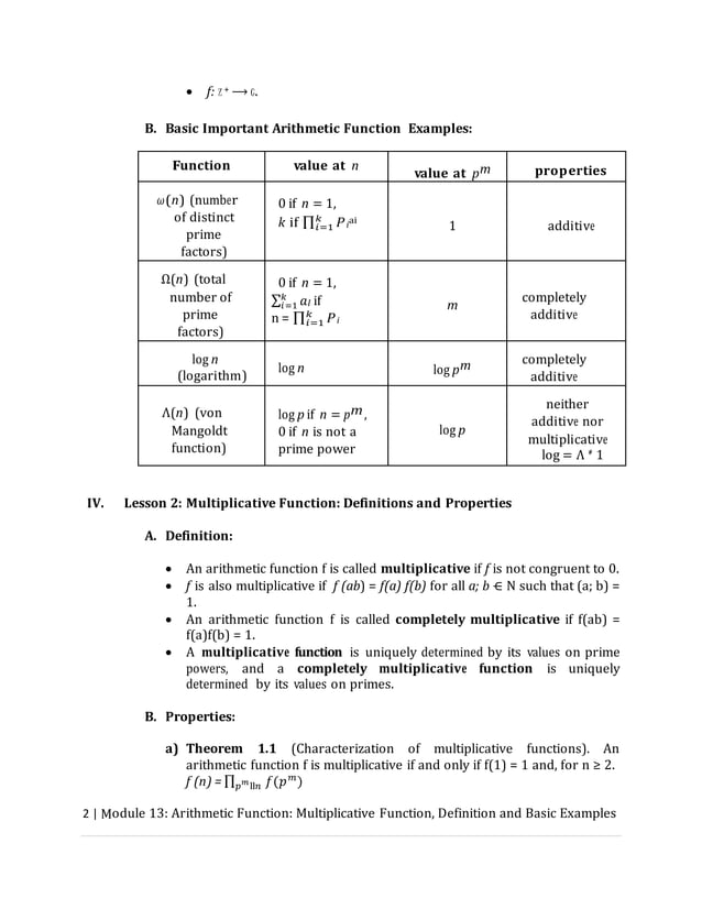Module 13 Arithmetic Function Multiplicative Function Definition And Basic Examples Pdf