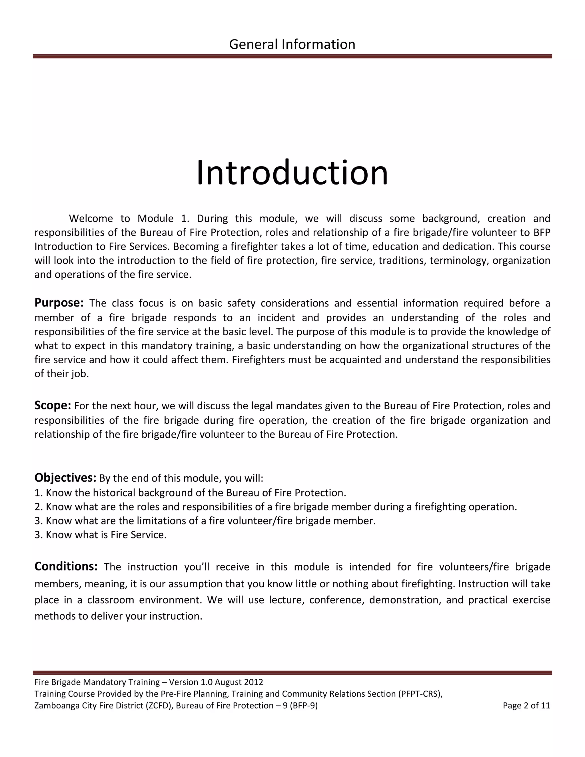 Volunteer Fire Brigade Training Module 1 general information | PDF