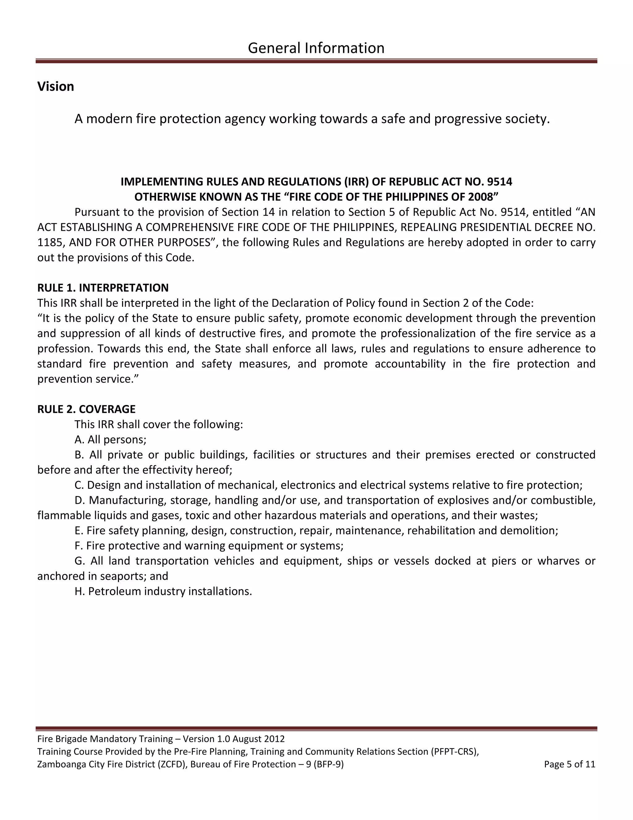 Volunteer Fire Brigade Training Module 1 general information | PDF