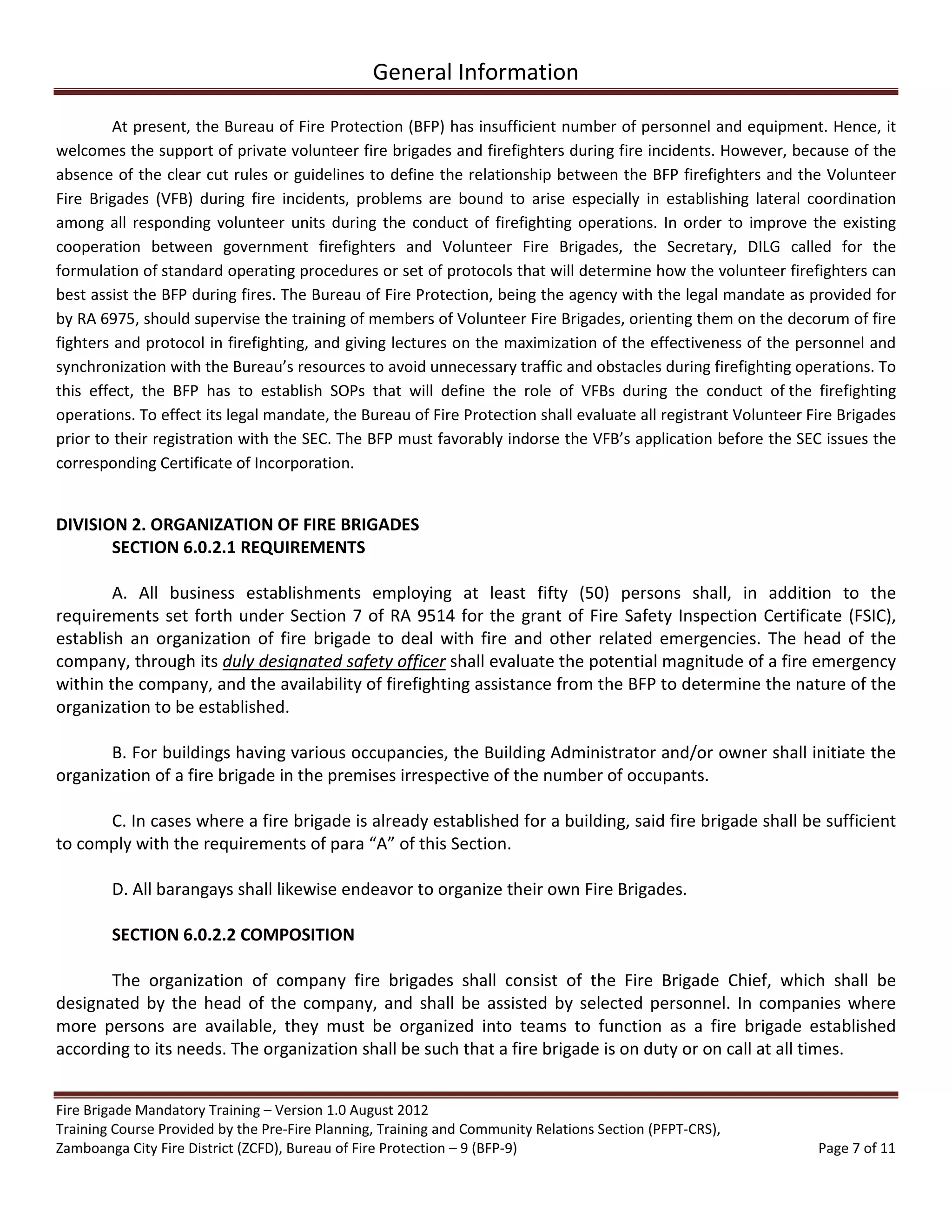 Volunteer Fire Brigade Training Module 1 general information | PDF