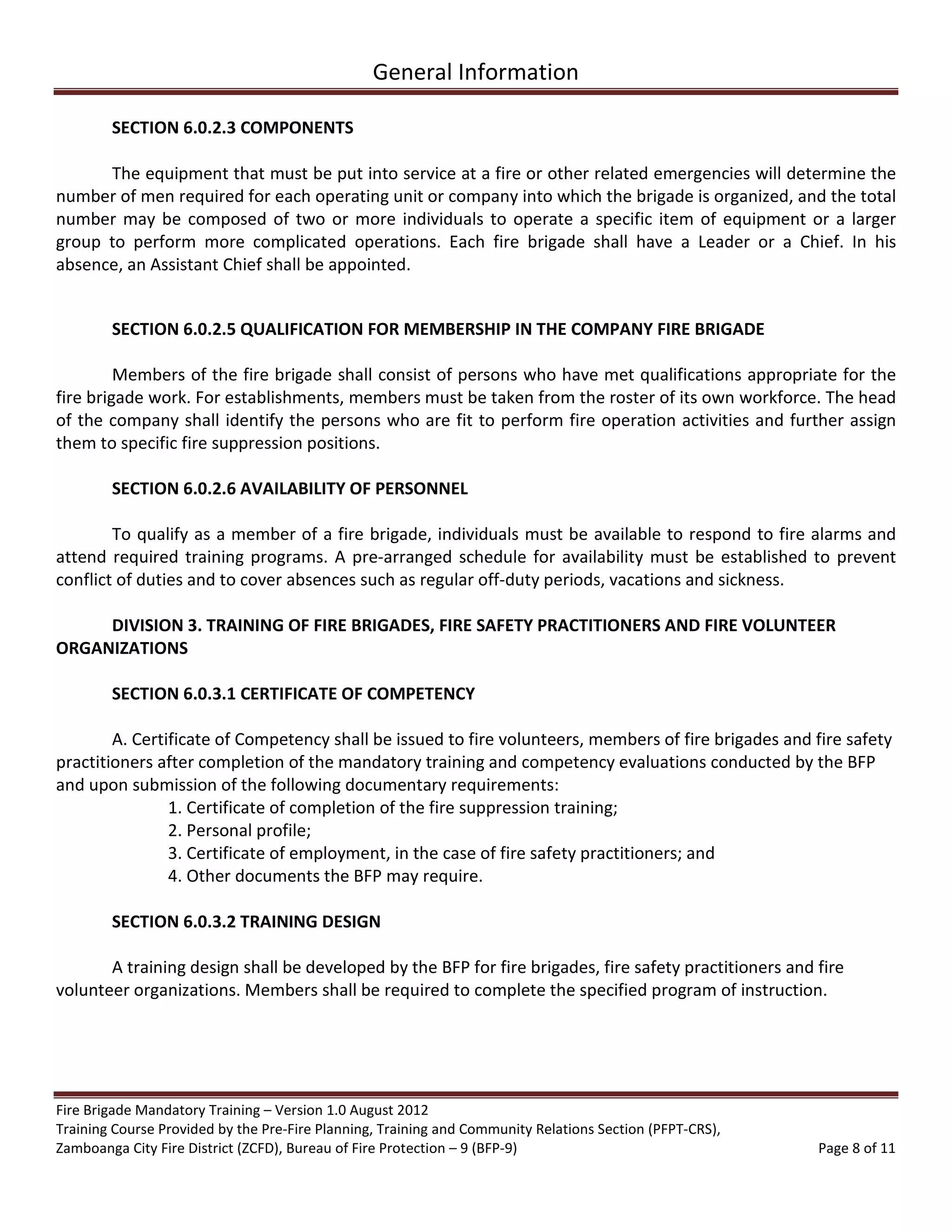 Volunteer Fire Brigade Training Module 1 general information | PDF