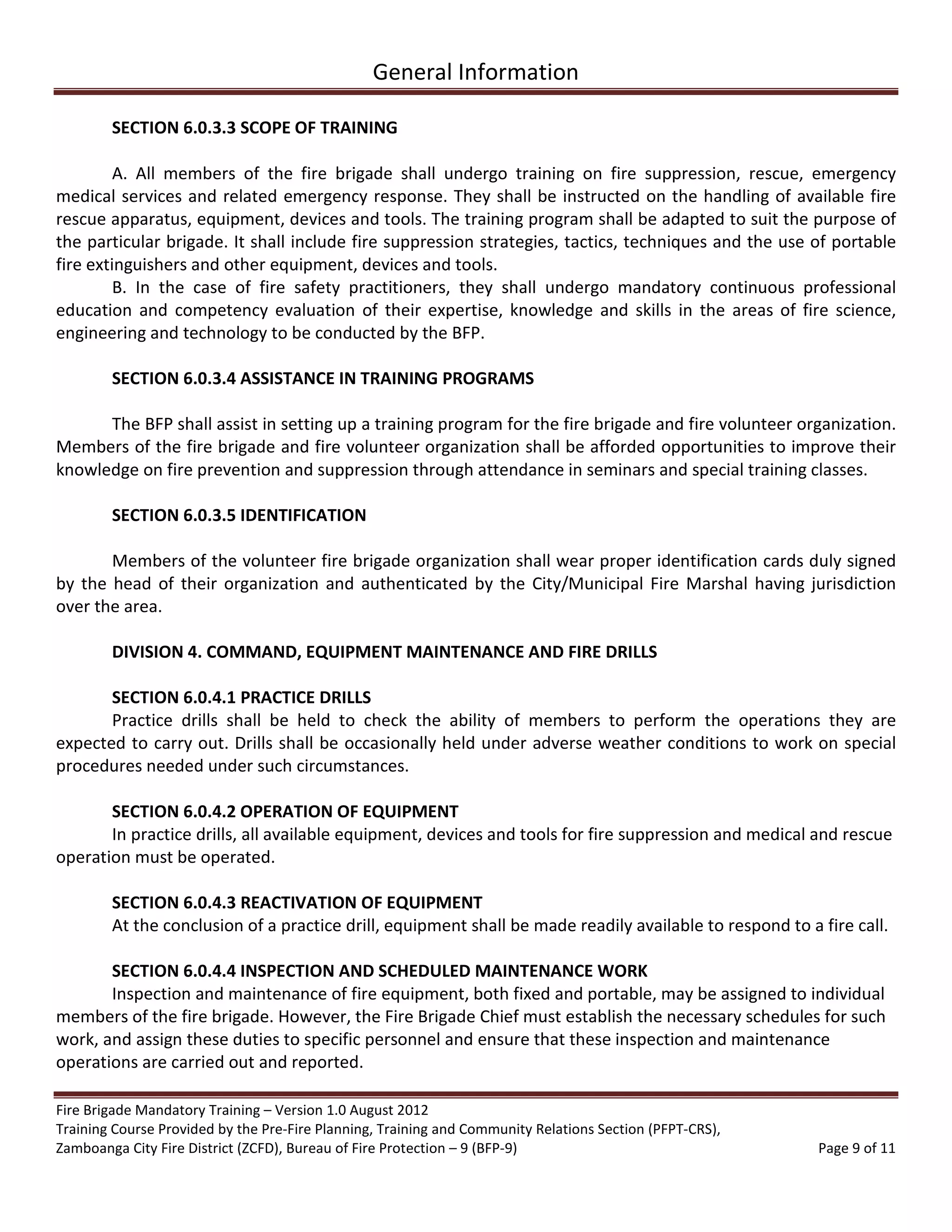 Volunteer Fire Brigade Training Module 1 general information | PDF