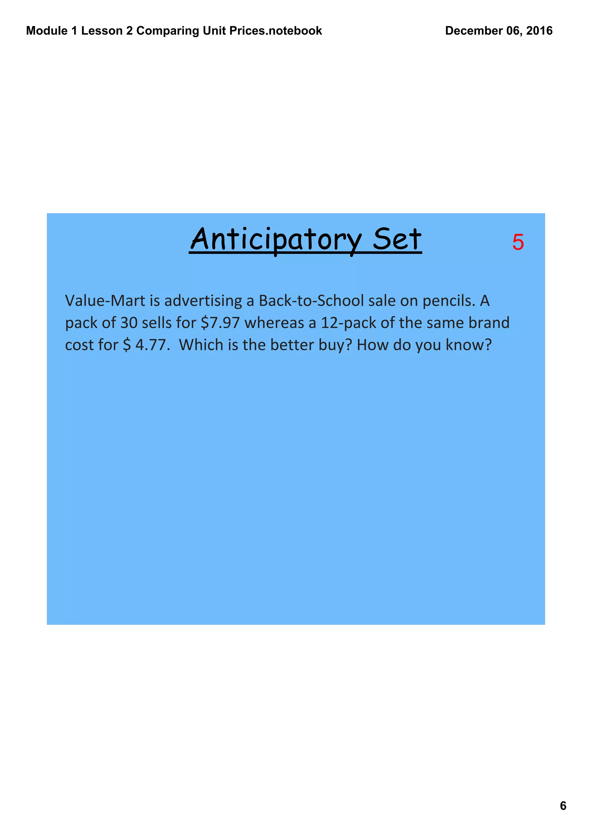 Module 1 lesson 2 comparing unit prices | PDF
